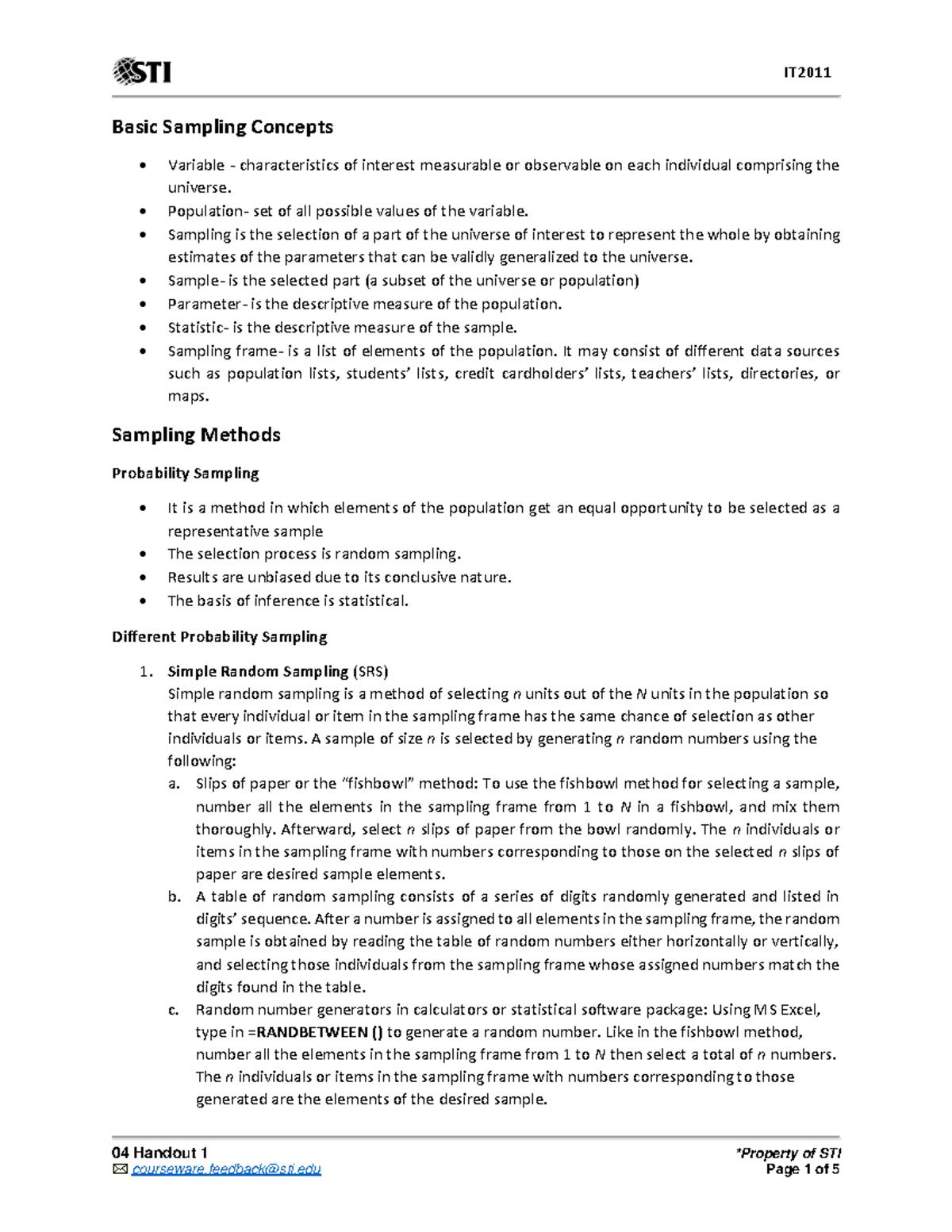 04 Handout 1(31) - Cggg - 04 Handout 1 *Property of STI Basic Sampling ...