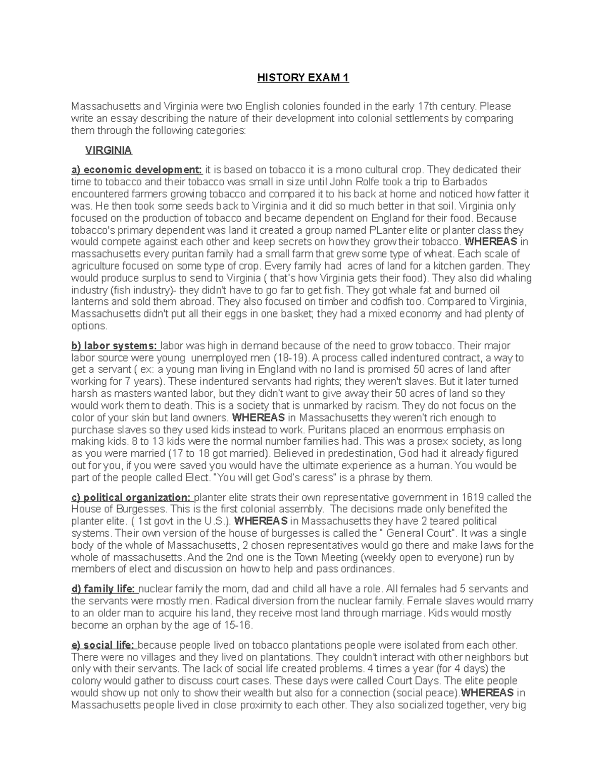 Untitled document - Just notes for class - HISTORY EXAM 1 Massachusetts ...