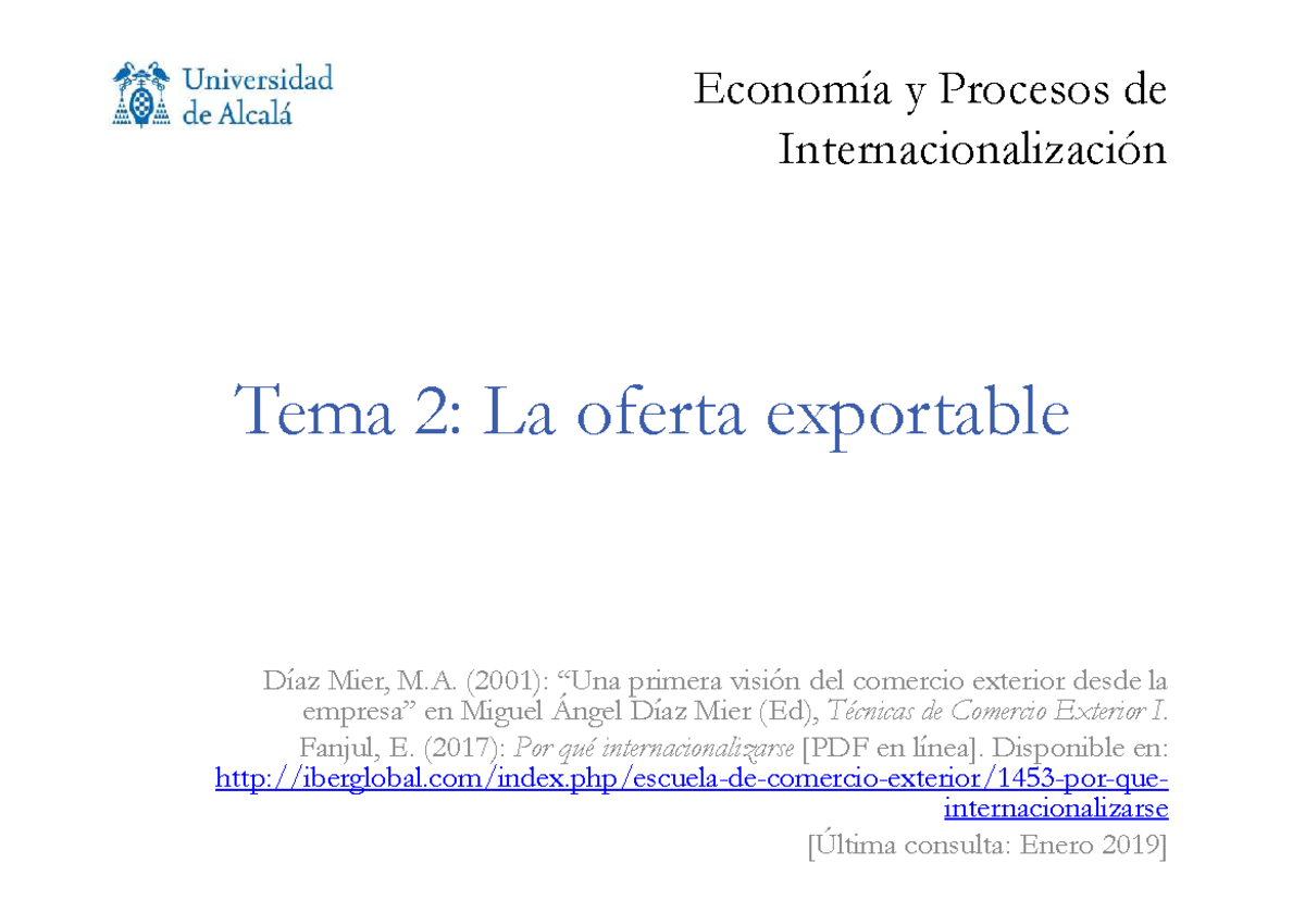 Tema 2. La oferta exportable - Economía y Procesos de Internacionalización Tema 2: La oferta ...