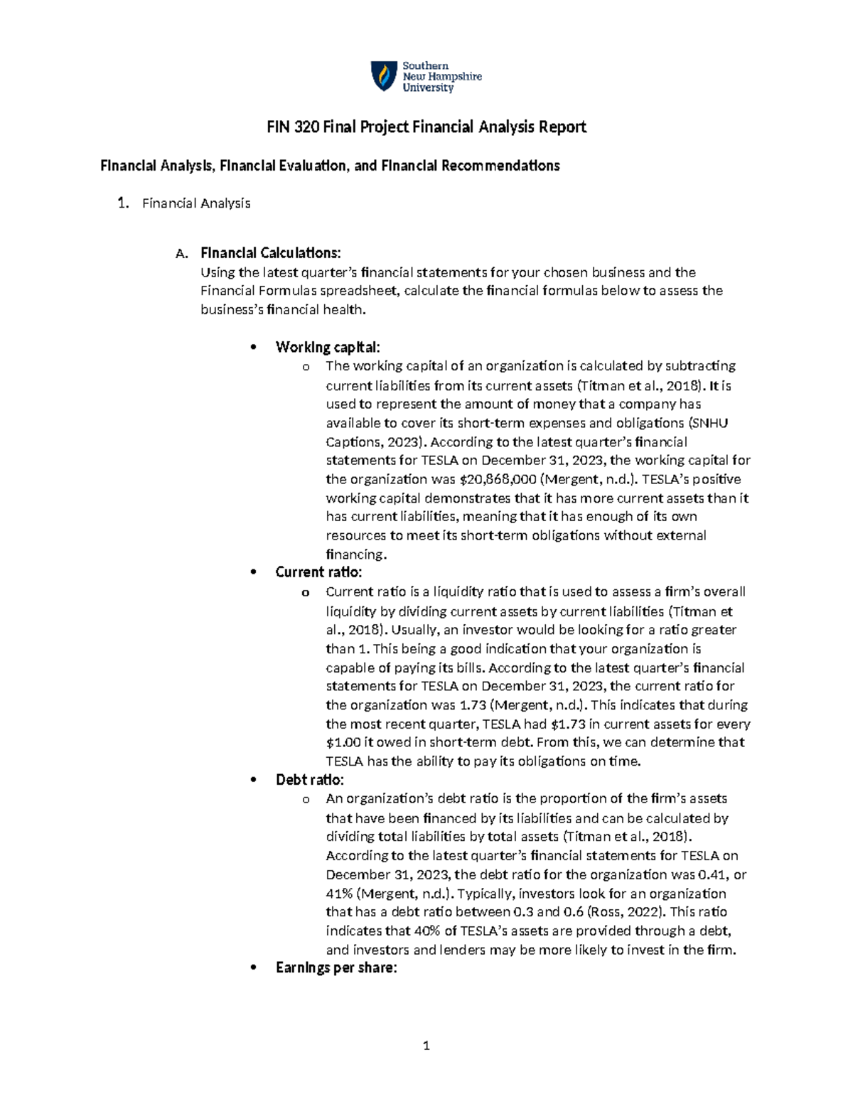 FIN 320 Final Project Financial Analysis Report Financial Analysis A
