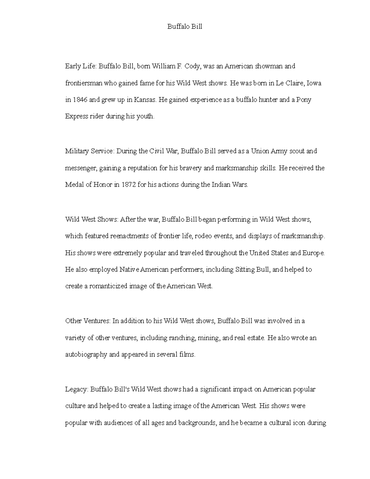 Buffalo Bill - Professor - Early Life: Buffalo Bill, born William F ...