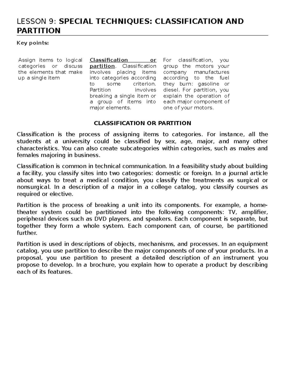 Lesson 9 Classification AND Partition - LESSON 9: SPECIAL TECHNIQUES: CLASSIFICATION AND ...