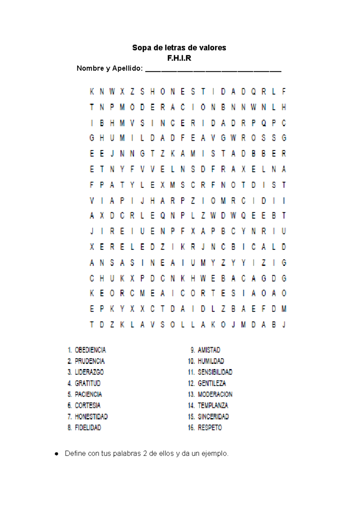 Sopa de letras de valores - Willy Morillo - H.I Nombre y Apellido ...