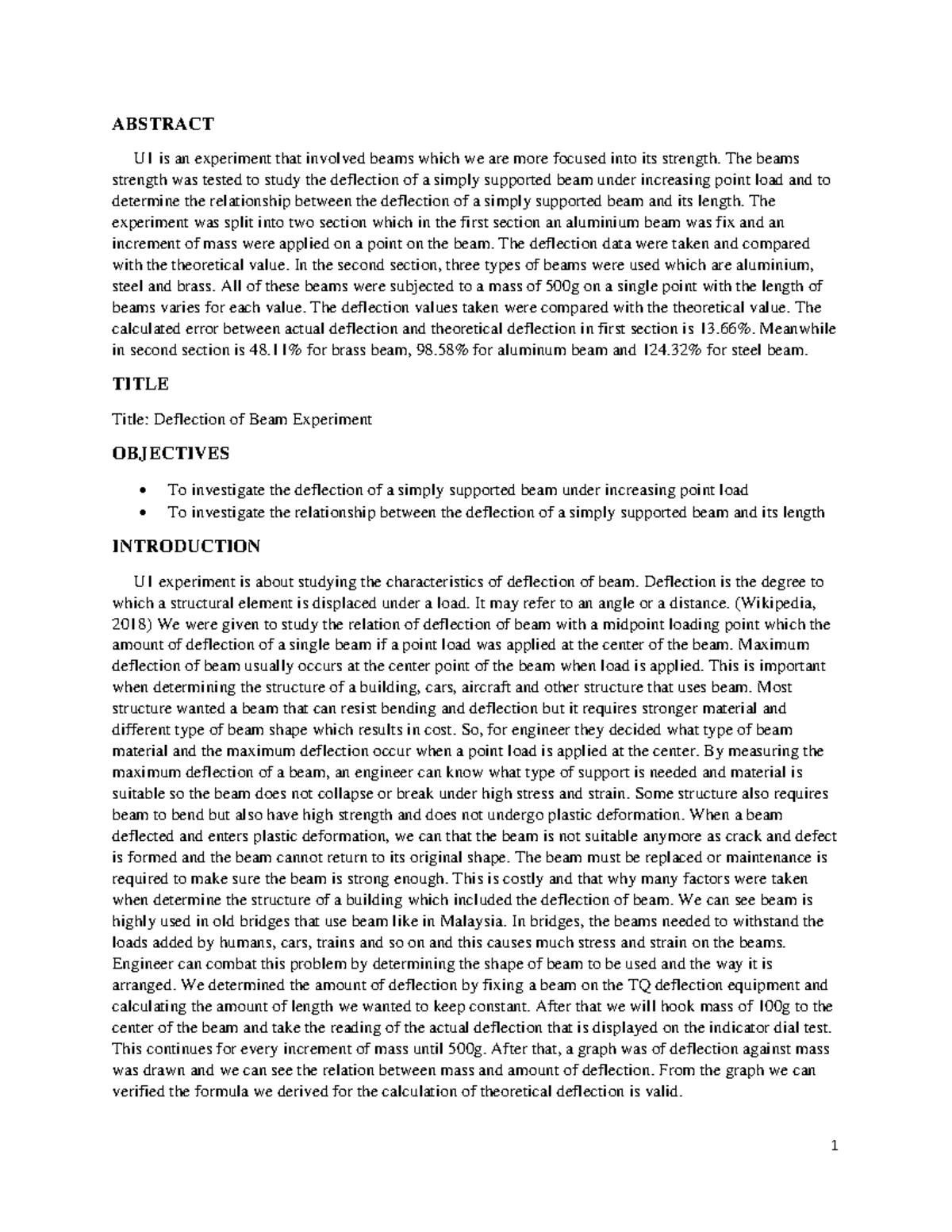 Lab Report U1 KIG1008 - ABSTRACT U1 is an experiment that involved ...