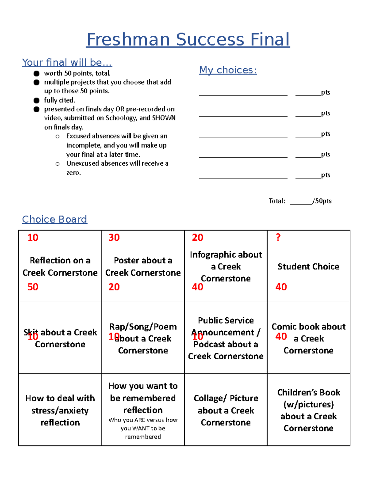 Freshman Success Final - Freshman Success Final Your final will be ...