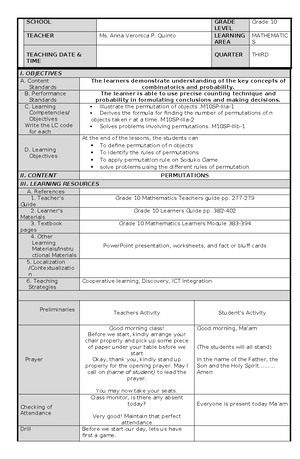 Lesson plan for percentiles for ungrouped data (local demo) 2 - DAILY LESSON LOG School ...