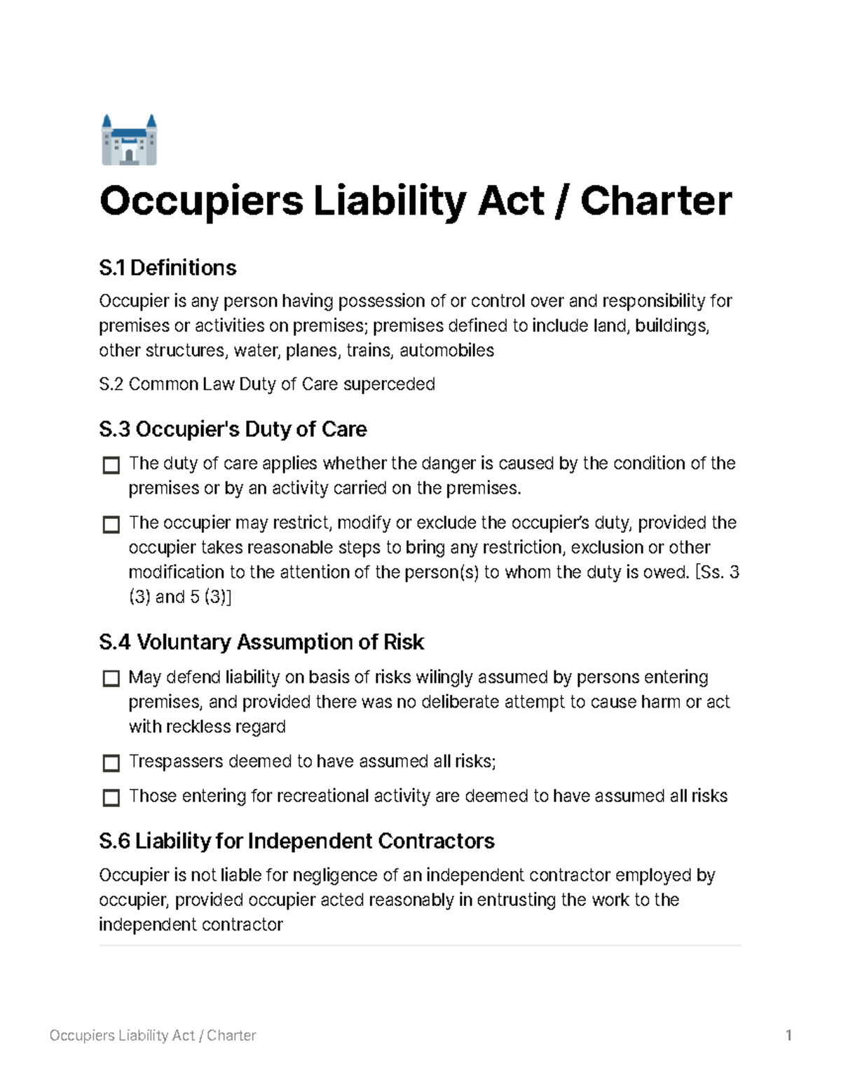Occupiers Liability Act Charter - Occupiers Liability Act / Charter 1 🏰 ...