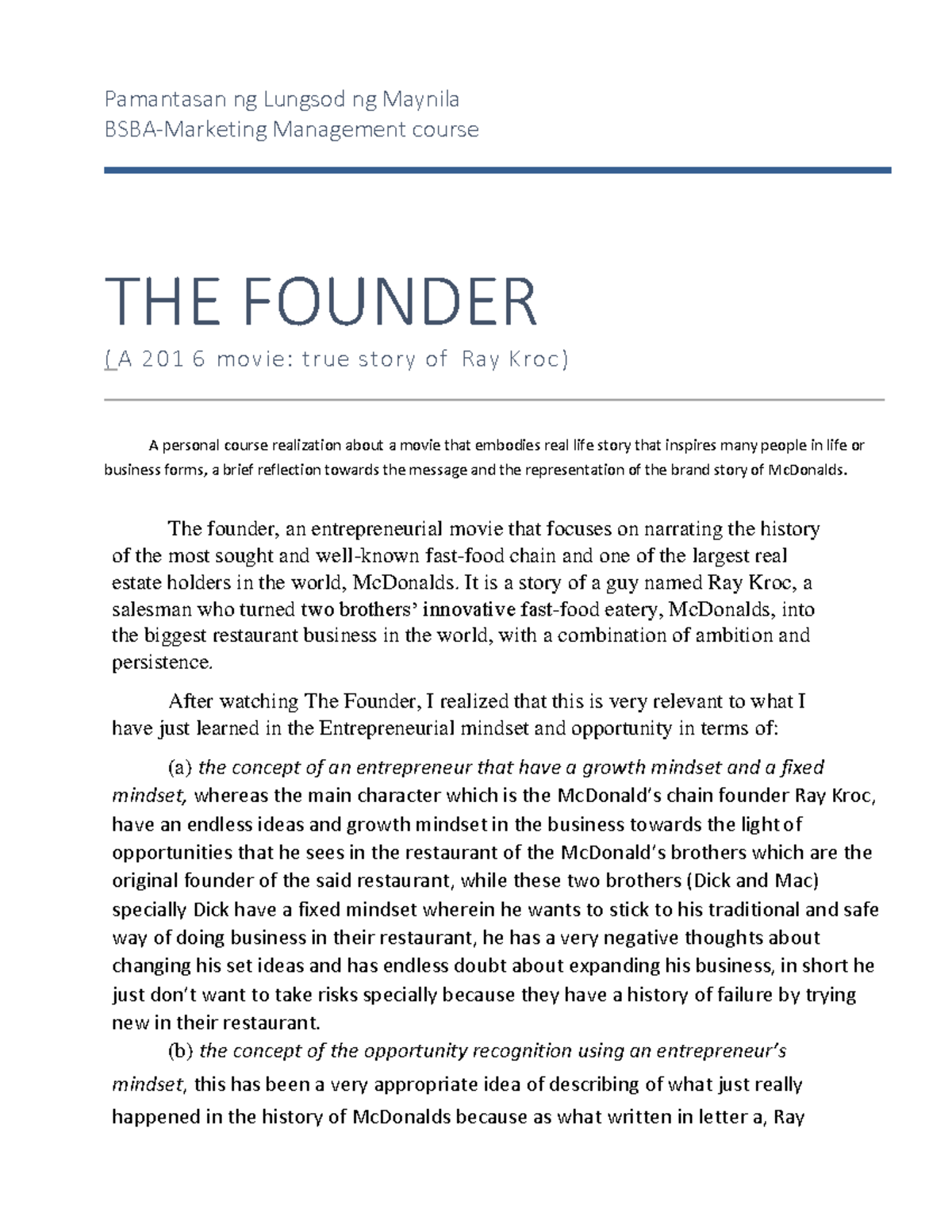 Entrep Mind Sub-Business Course-Reflection Paper THE Founder Movie ...