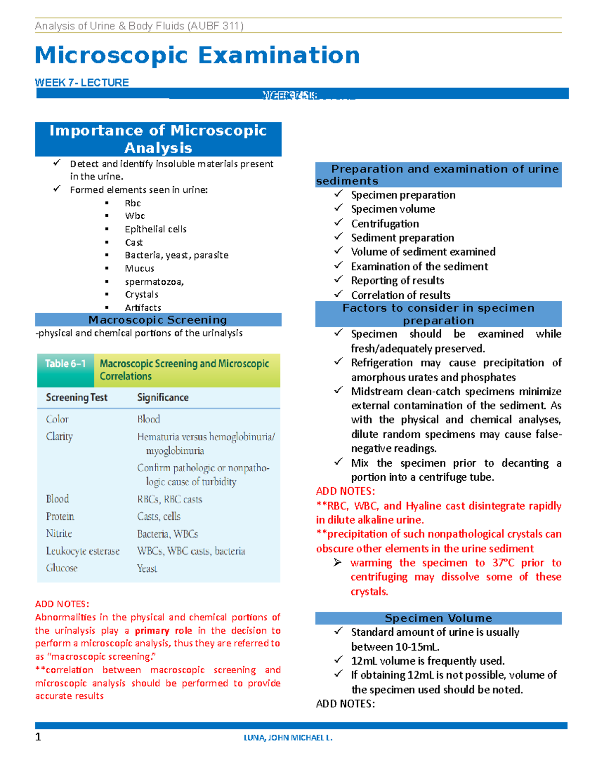 AUB F WEEK 7 Transes 2 - none - Analysis of Urine & Body Fluids (AUBF ...