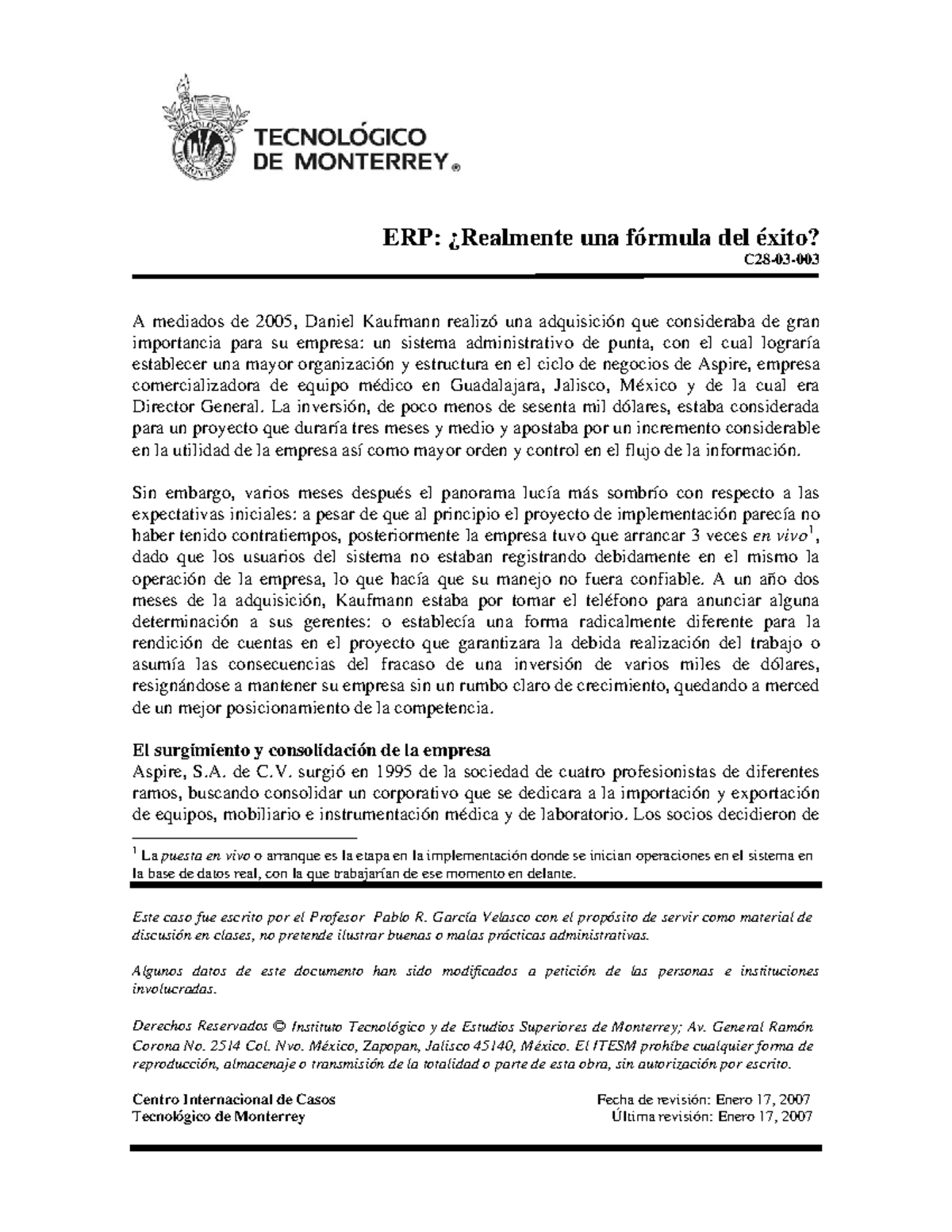 Aspire S.A. - ERP - documento de harvard - ERP: ¿Realmente una fórmula ...