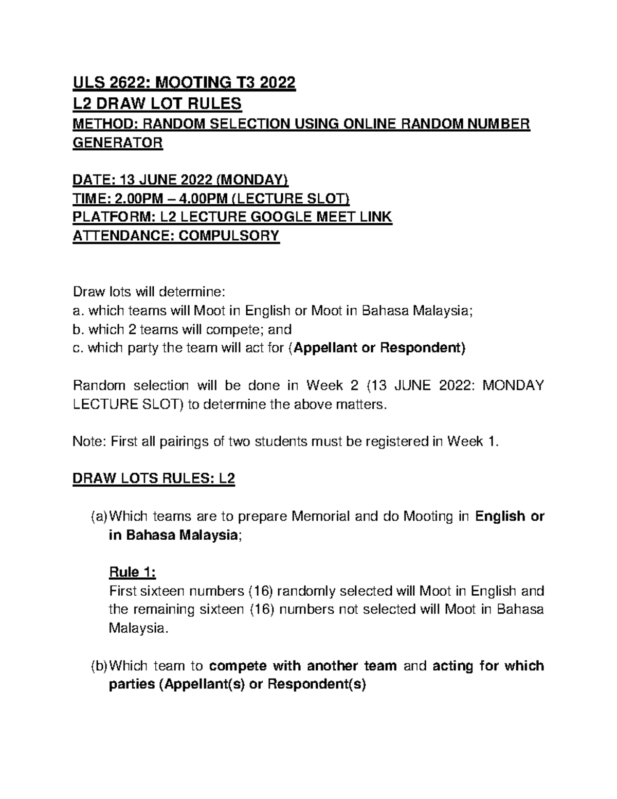 L2 DRAW LOTS Rules - This is just instructions. - ULS 2622: MOOTING T3 ...