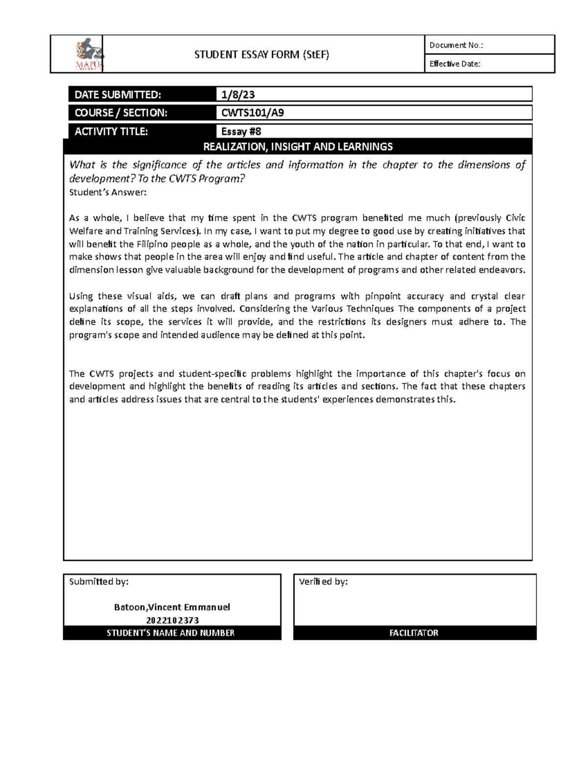 CWTS101 Essay #8 - Assignment in CWTS - STUDENT ESSAY FORM (StEF ...