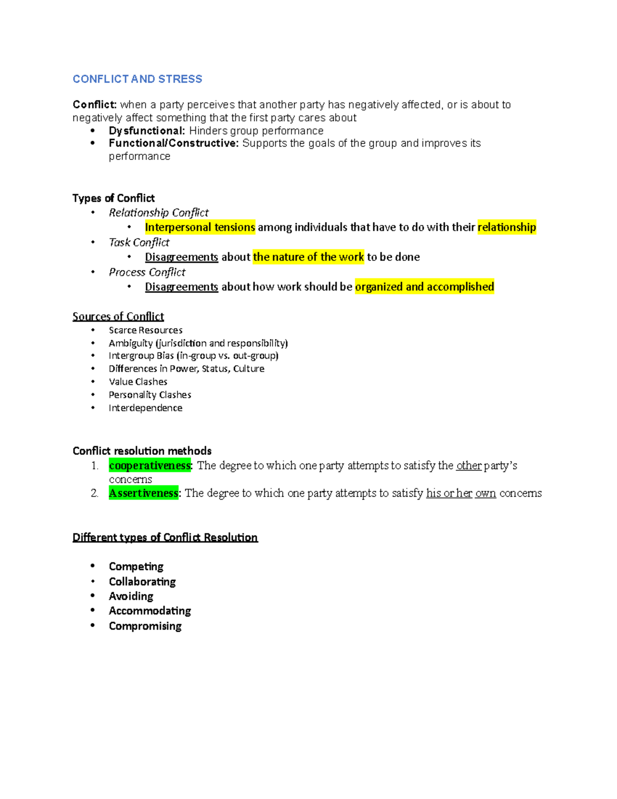 OB Final Study Sheet - CONFLICT AND STRESS Conflict: when a party ...