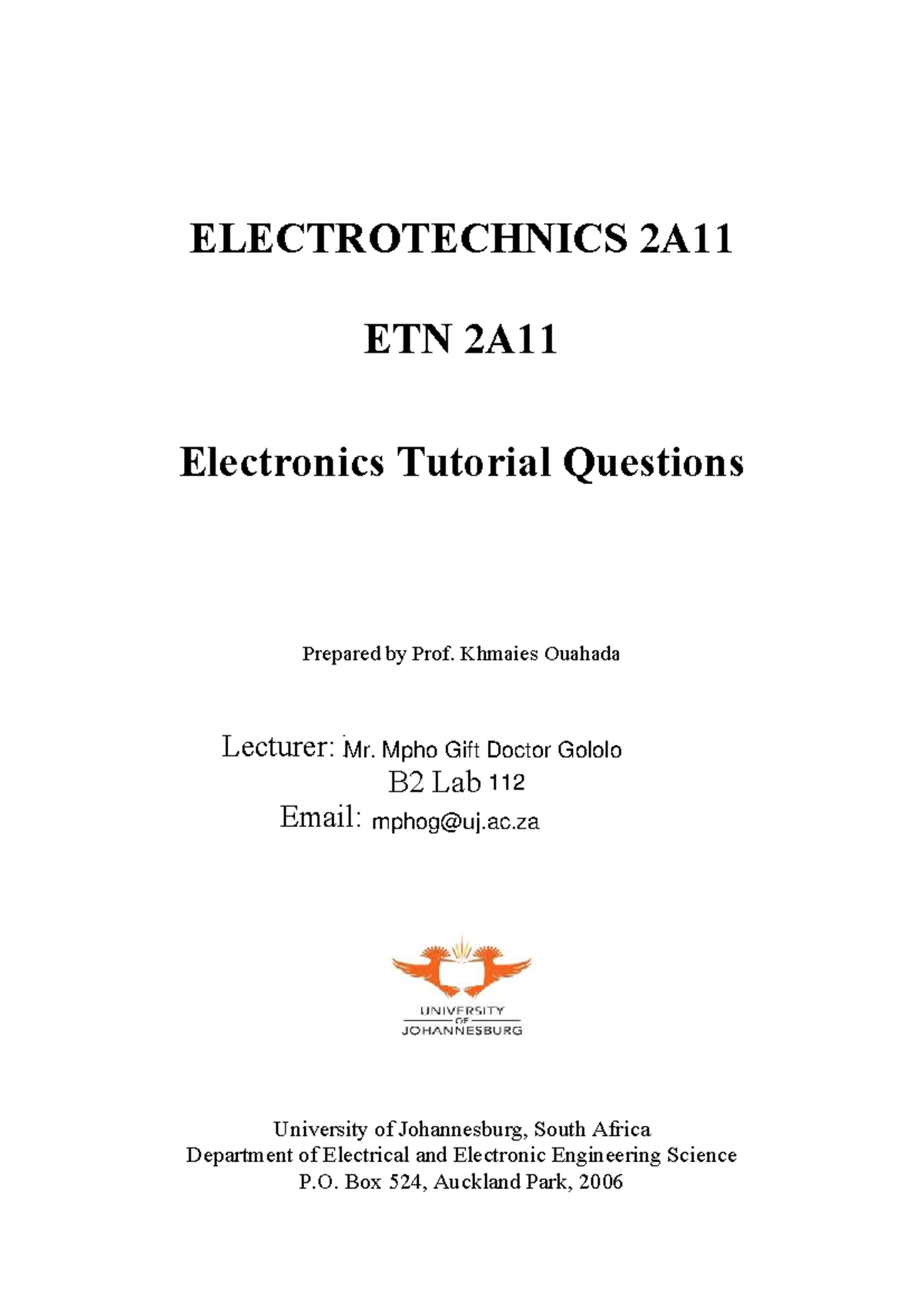 Outcome A Tutorial Questions - ETBEEA2 - ELECTROTECHNICS 2A ETN 2A ...