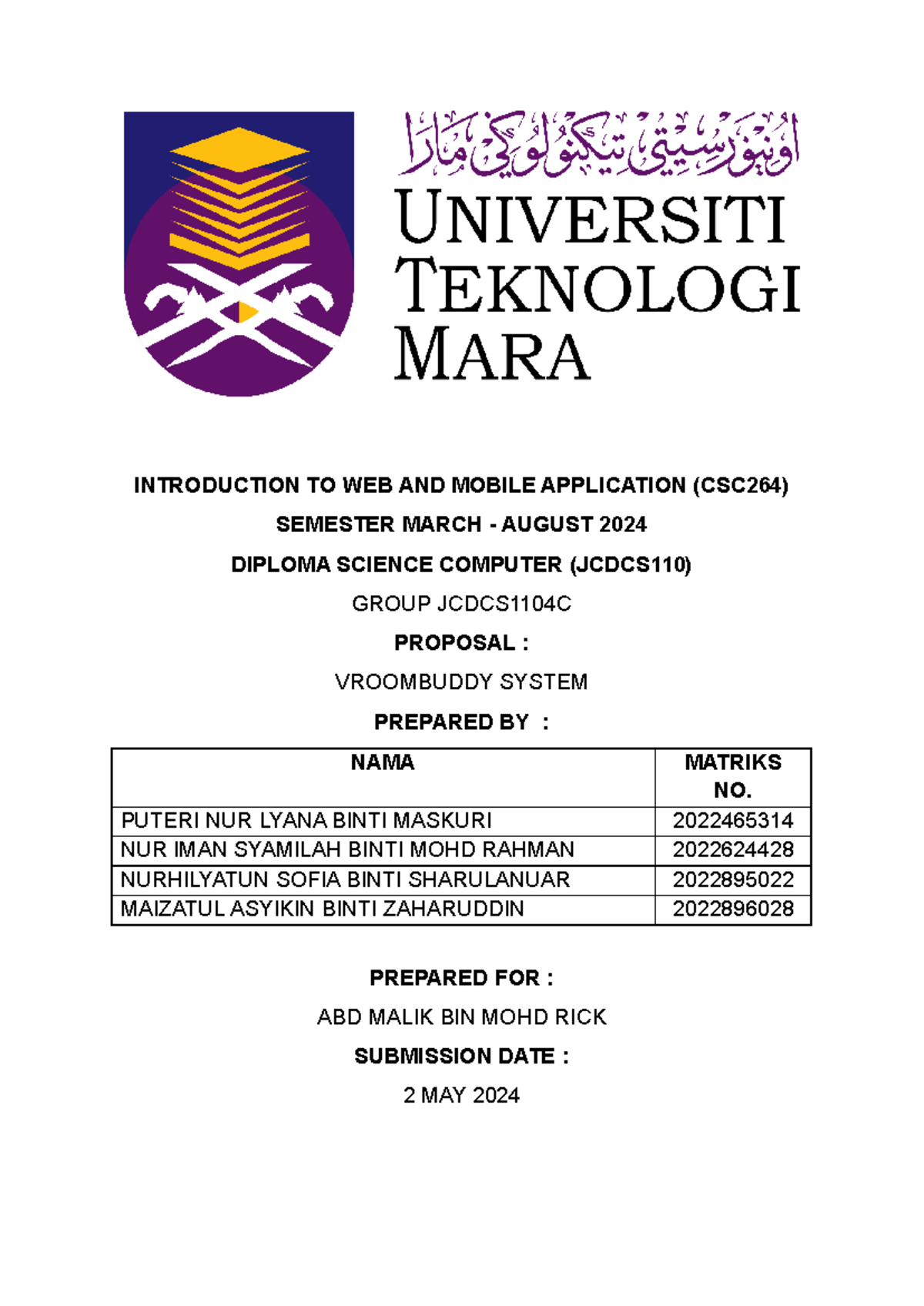 CSC264 Proposal - INTRODUCTION TO WEB AND MOBILE APPLICATION (CSC264) SEMESTER MARCH - AUGUST ...