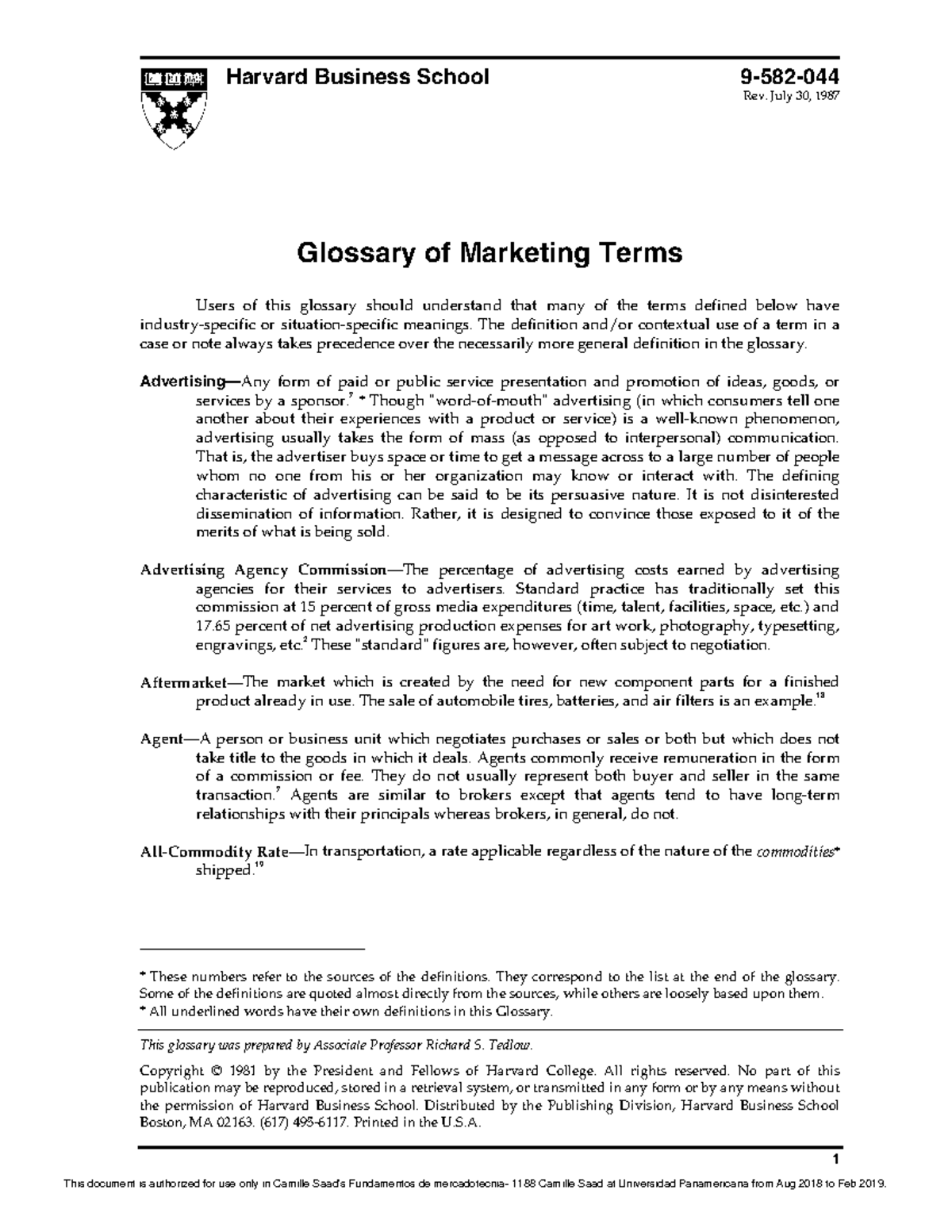 MKT Glossary - Harvard Business School 9-582- Rev. July 30, 1987 This ...