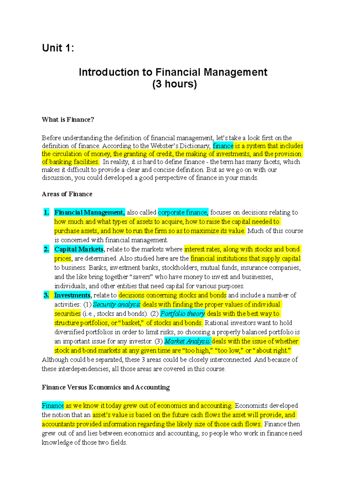 Fin mngmt 1 compilation - Unit 1: Introduction to Financial Management ...