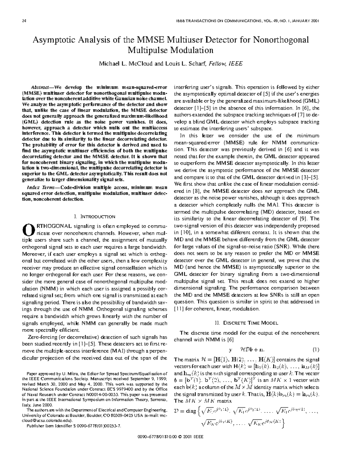 Asymptotic Analysis of the MMSE Multiuser Detector for Nonorthogonal ...