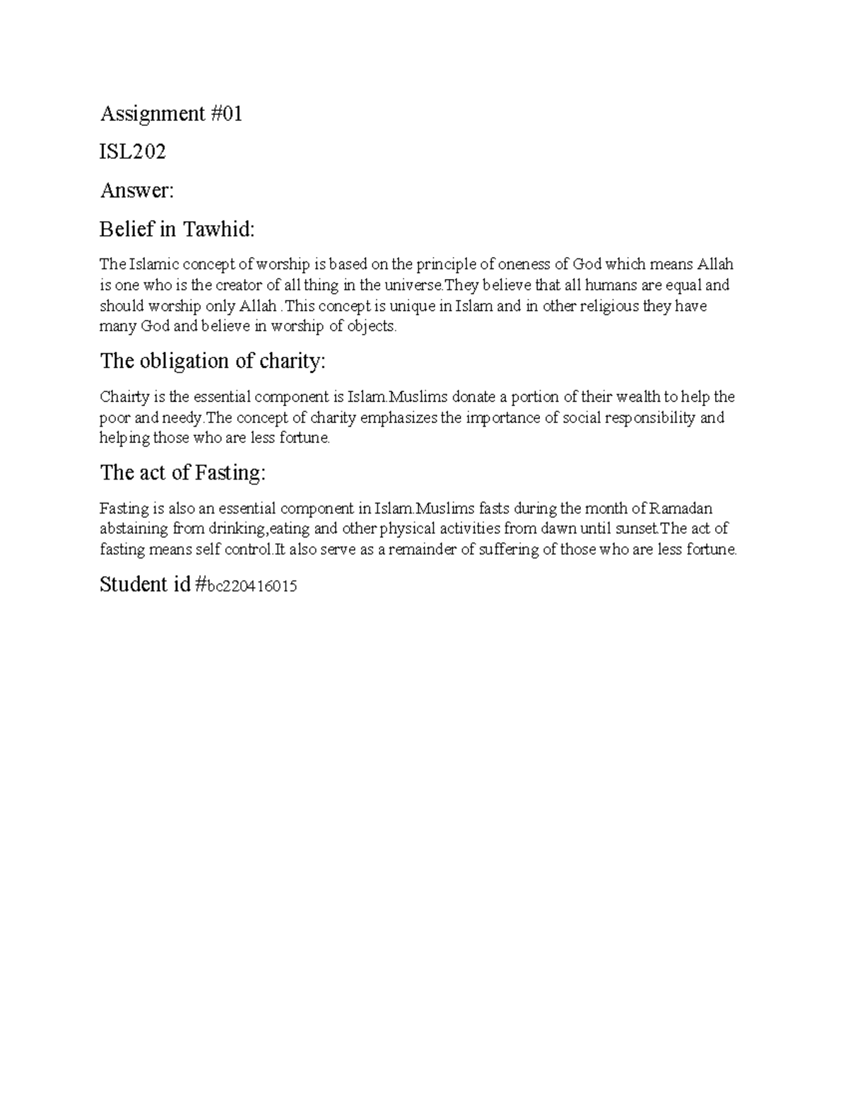 Assignment#1 ISL202 - An effective assignment - Assignment ISL Answer: Belief in Tawhid: The ...