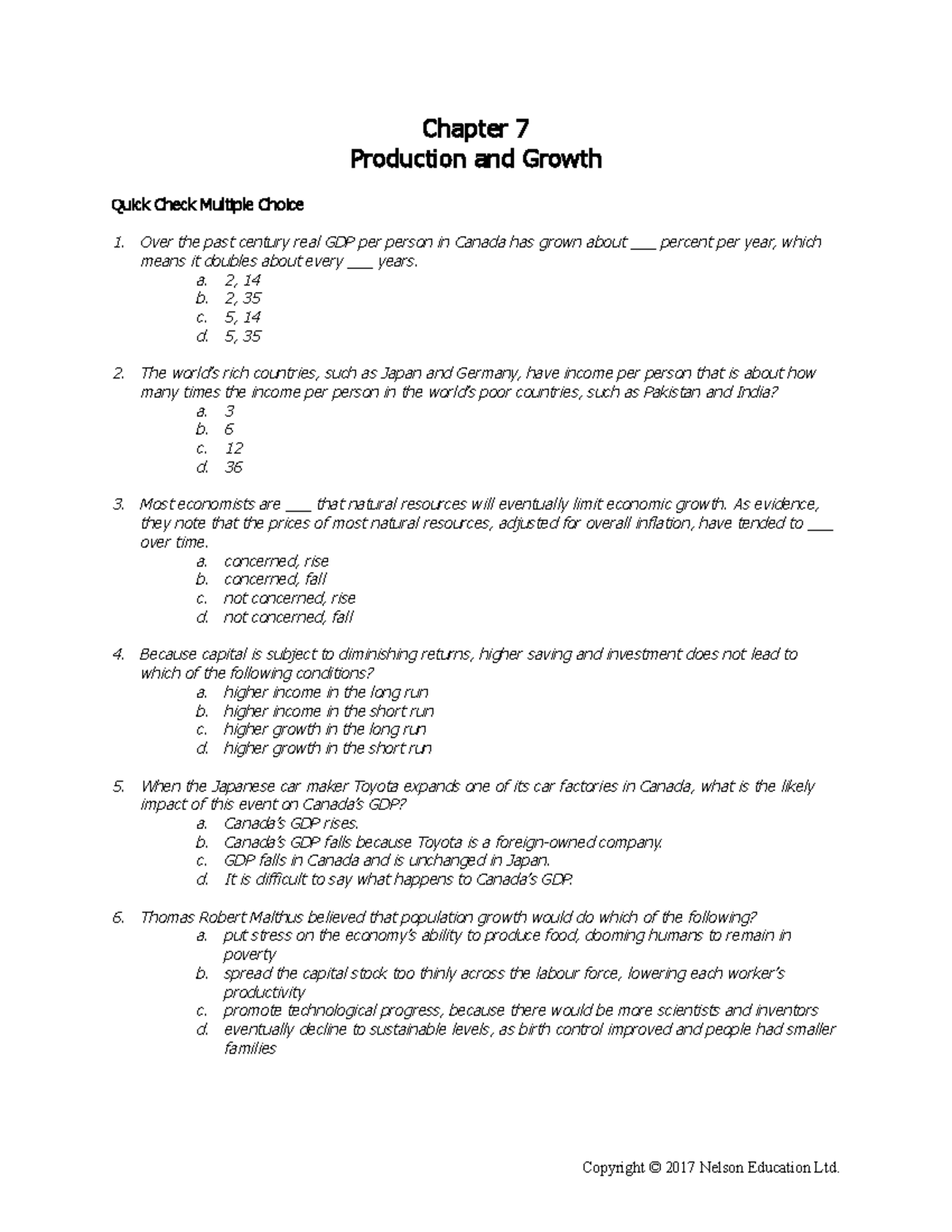 CH07 ISM Mankiw Macro 7Ce - Chapter 7 Production and Growth Quick Check Multiple Choice Over the ...