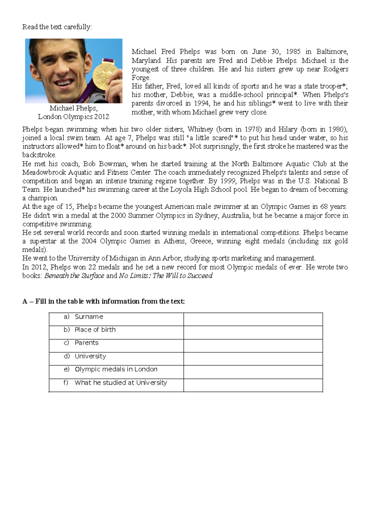 Reading comprehension test - Read the text carefully: Michael Fred ...