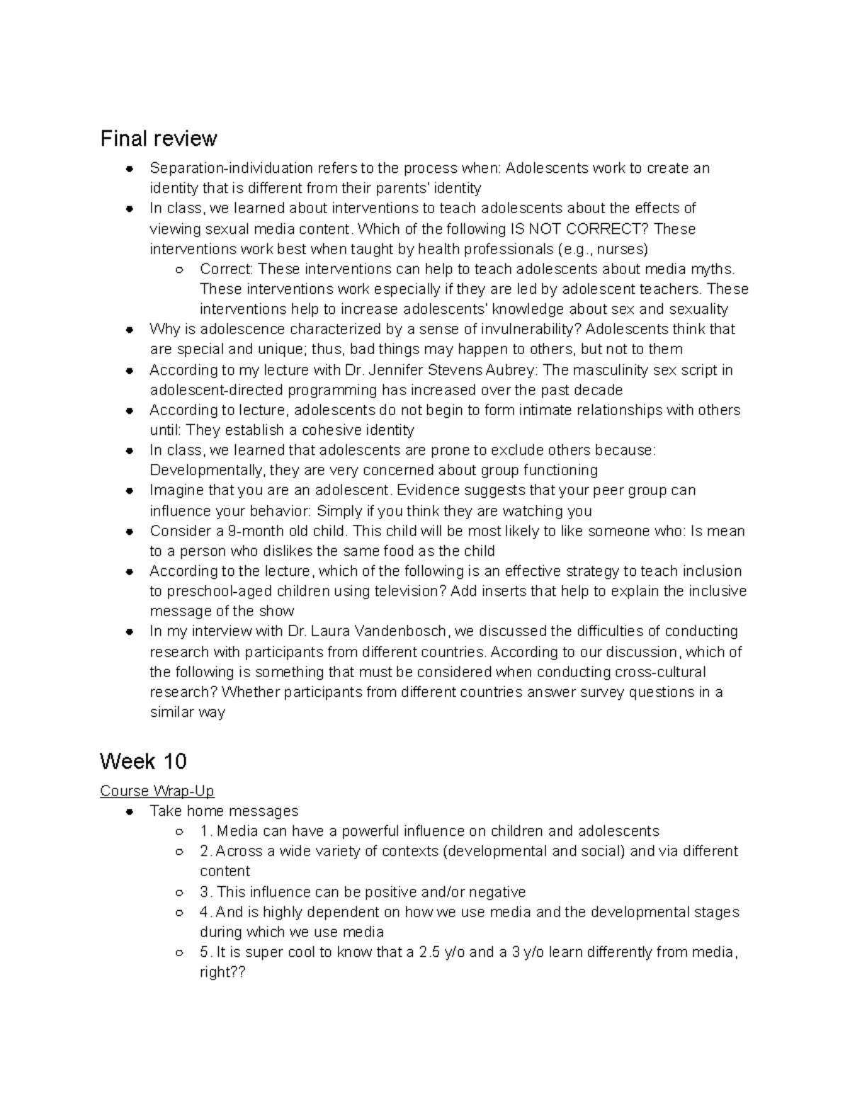 CMN 147 Notes - Dr. Drew Cingel - Final review Separation-individuation ...