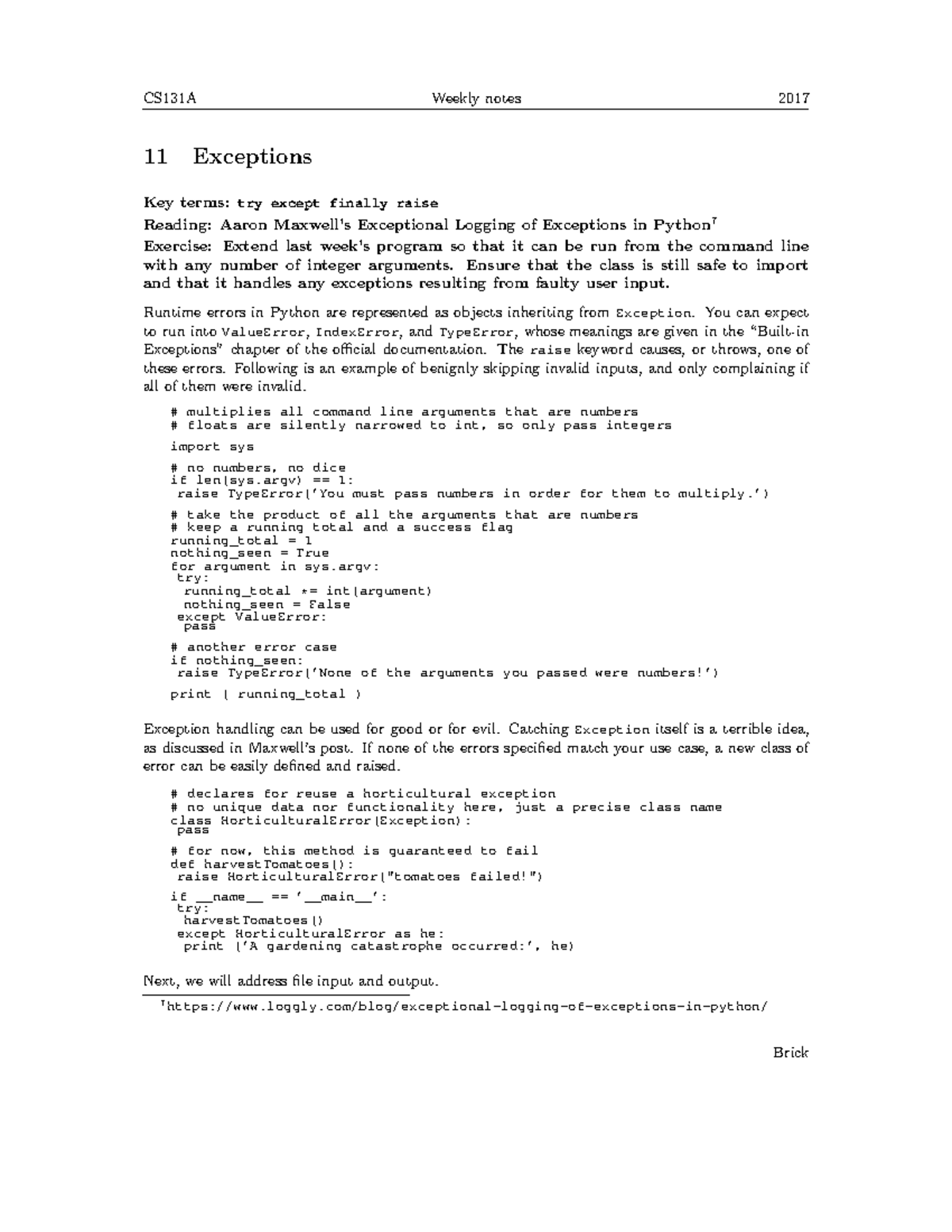 Weekly Notes - Exceptions - 11 - CS131A 11 Weekly notes 2017 Exceptions ...