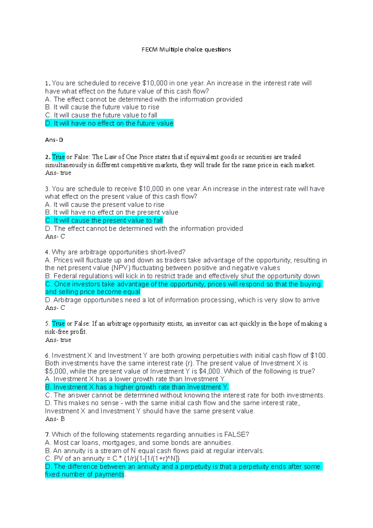 FECM Multiple choice questions 1 - FECM Muliple choice quesions You are ...