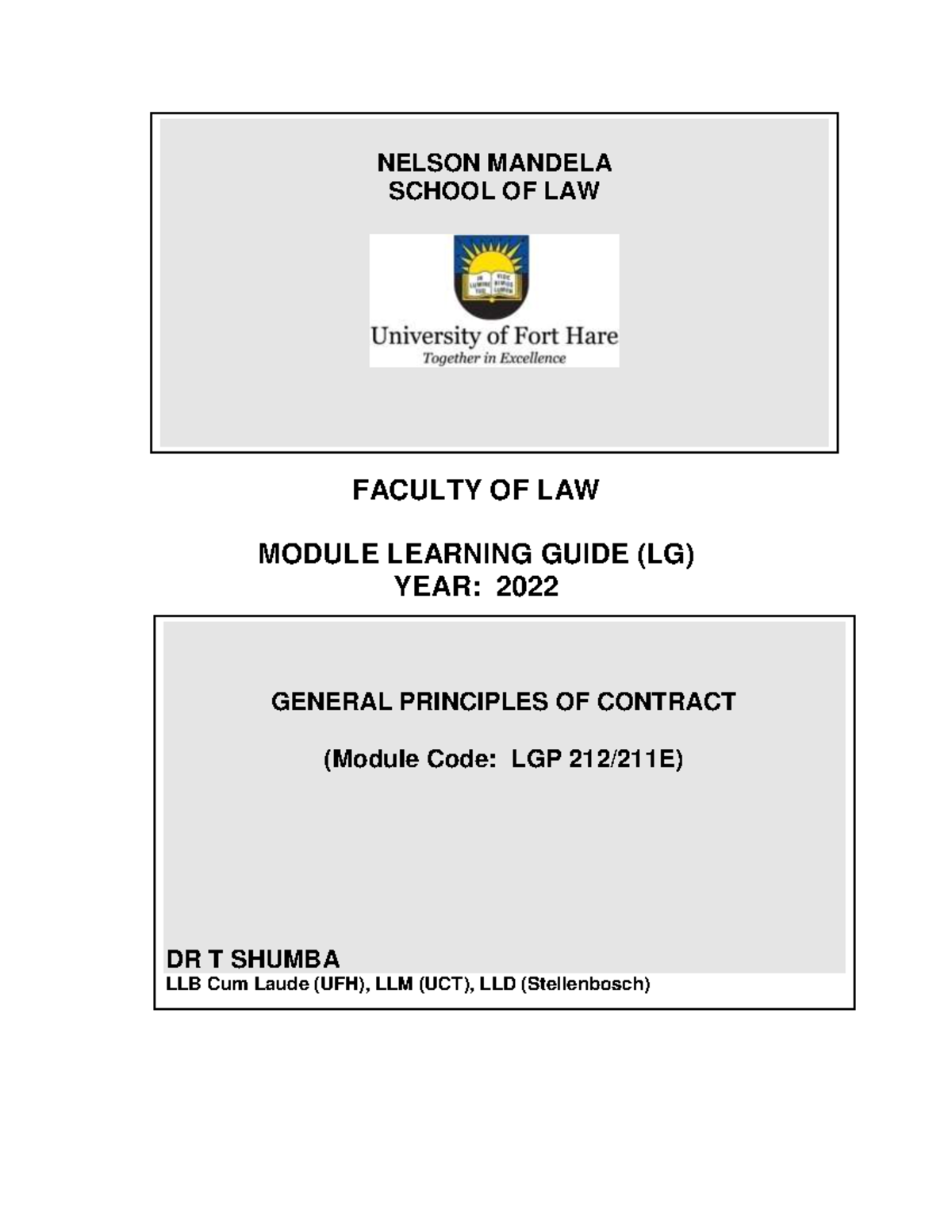 General Principles OF Contract Learning Guide 2022 - FACULTY OF LAW ...