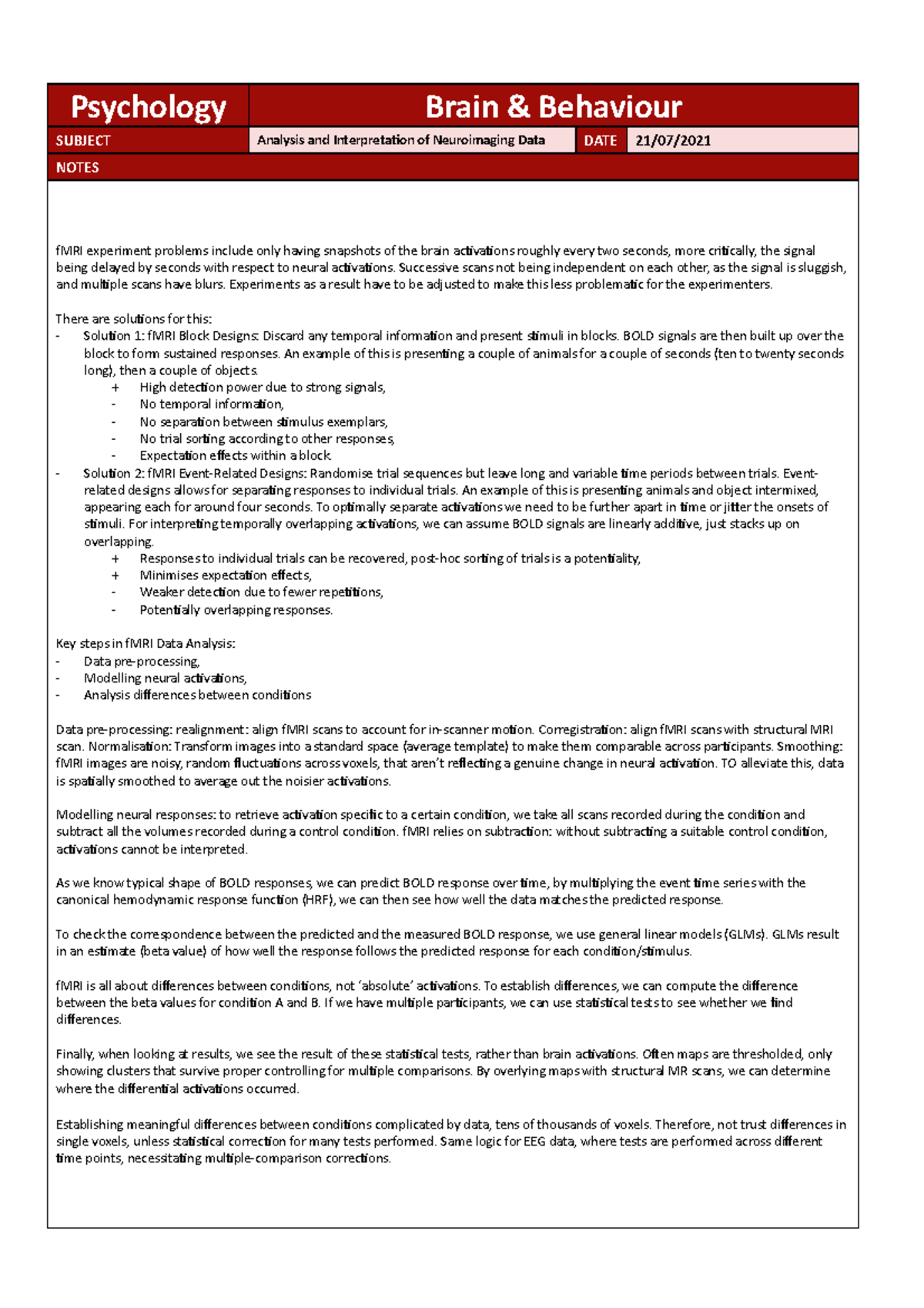 Lecture notes - Psychology Brain & Behaviour SUBJECT Analysis and ...