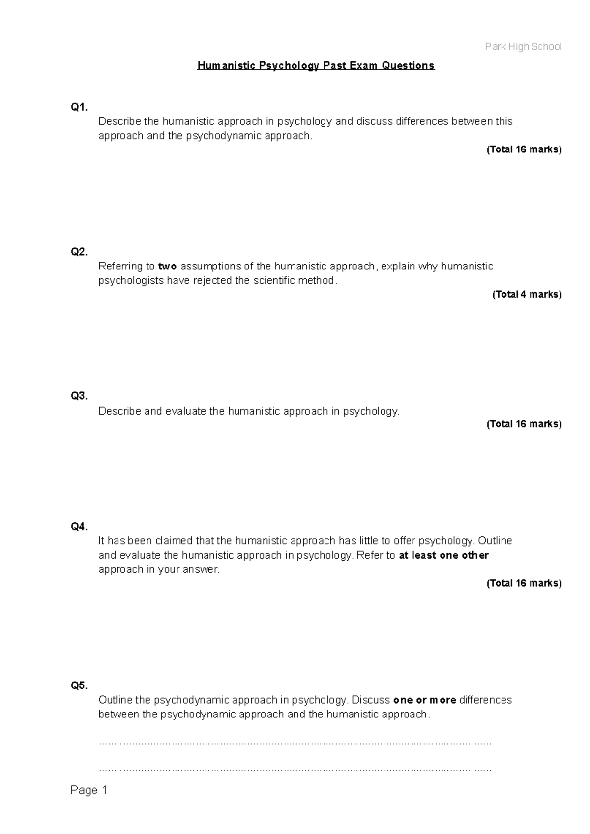 Humanistic-psychology - Humanistic Psychology Past Exam Questions Q1 ...