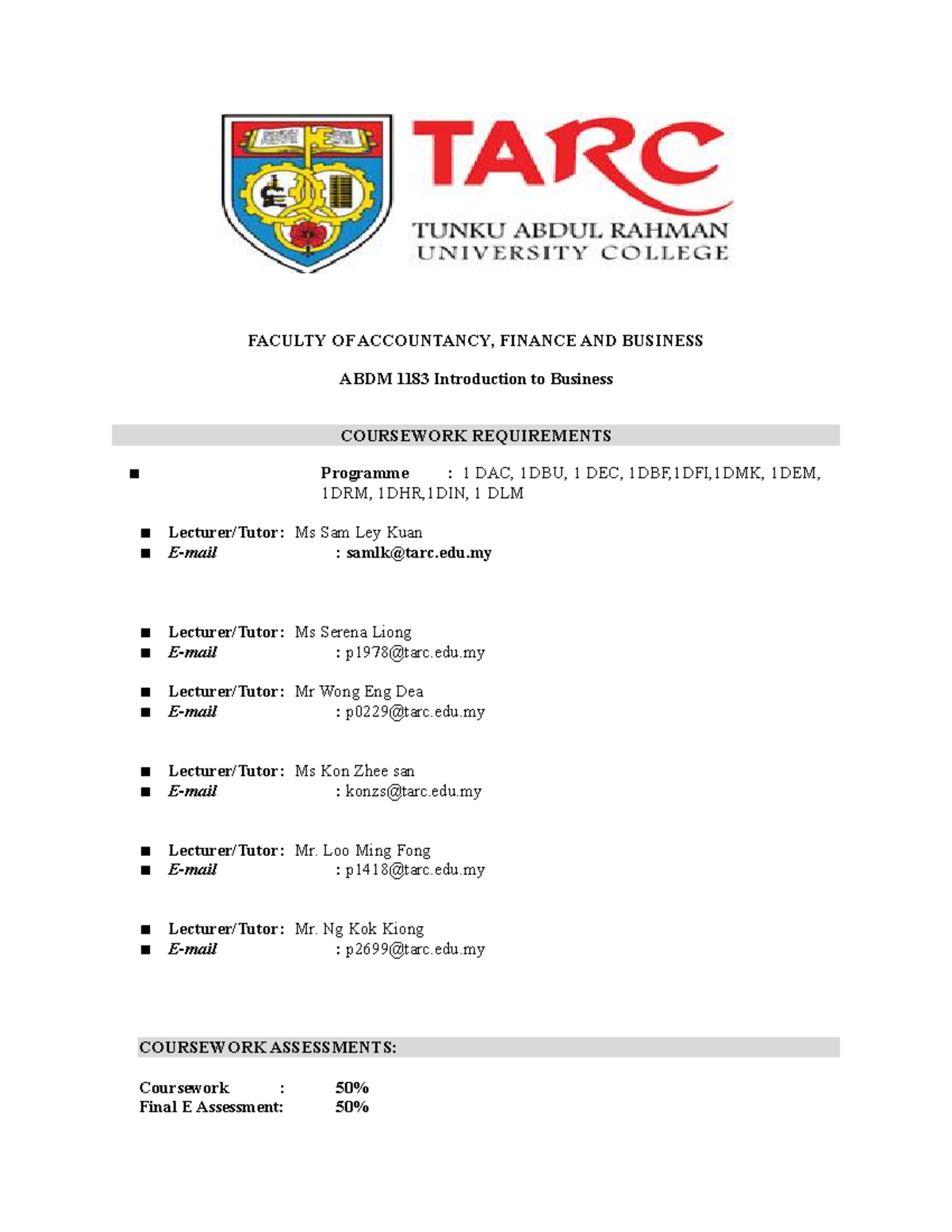 Coursework Specifications- ABDM1183 Intro to Business - FACULTY OF ...