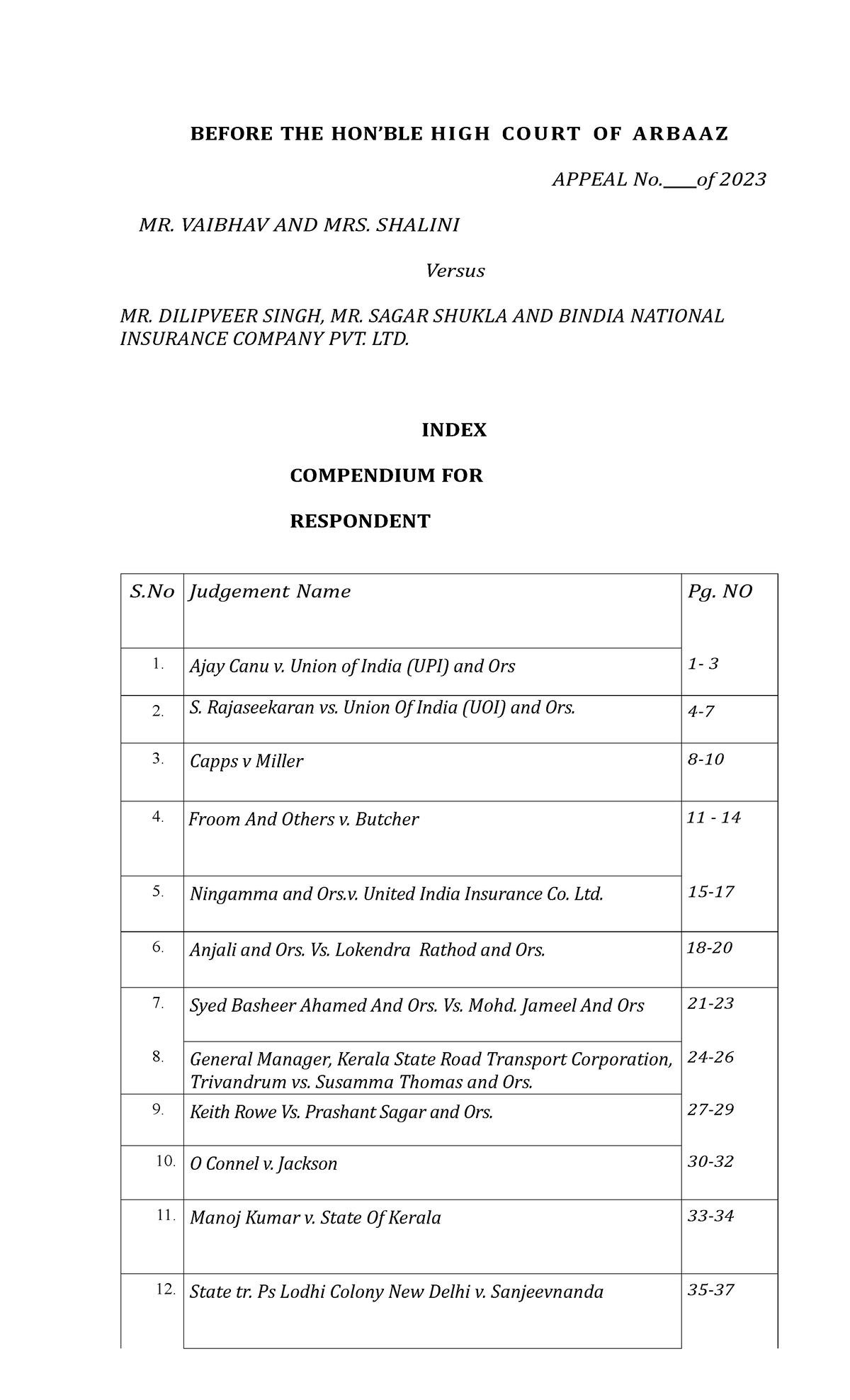 Cover page compendium - Notes - BEFORE THE HON’BLE HIGH COURT OF ARBAAZ ...