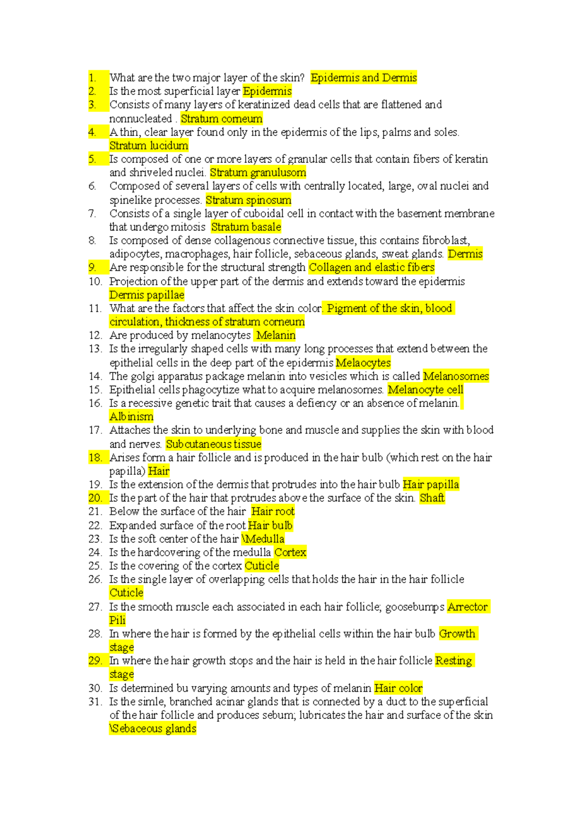 Integumentary Questionnaire 1 - What are the two major layer of the ...