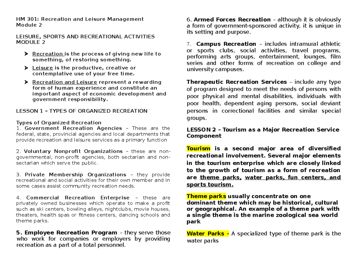 HM 301 - Module 2 - First year - HM 301: Recreation and Leisure ...