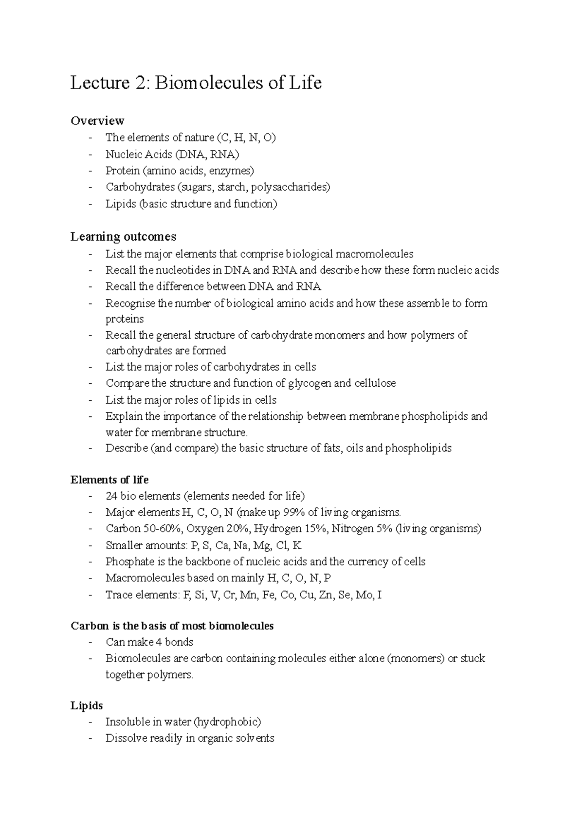 L2 - Biomolecules of life - Lecture 2: Biomolecules of Life Overview ...