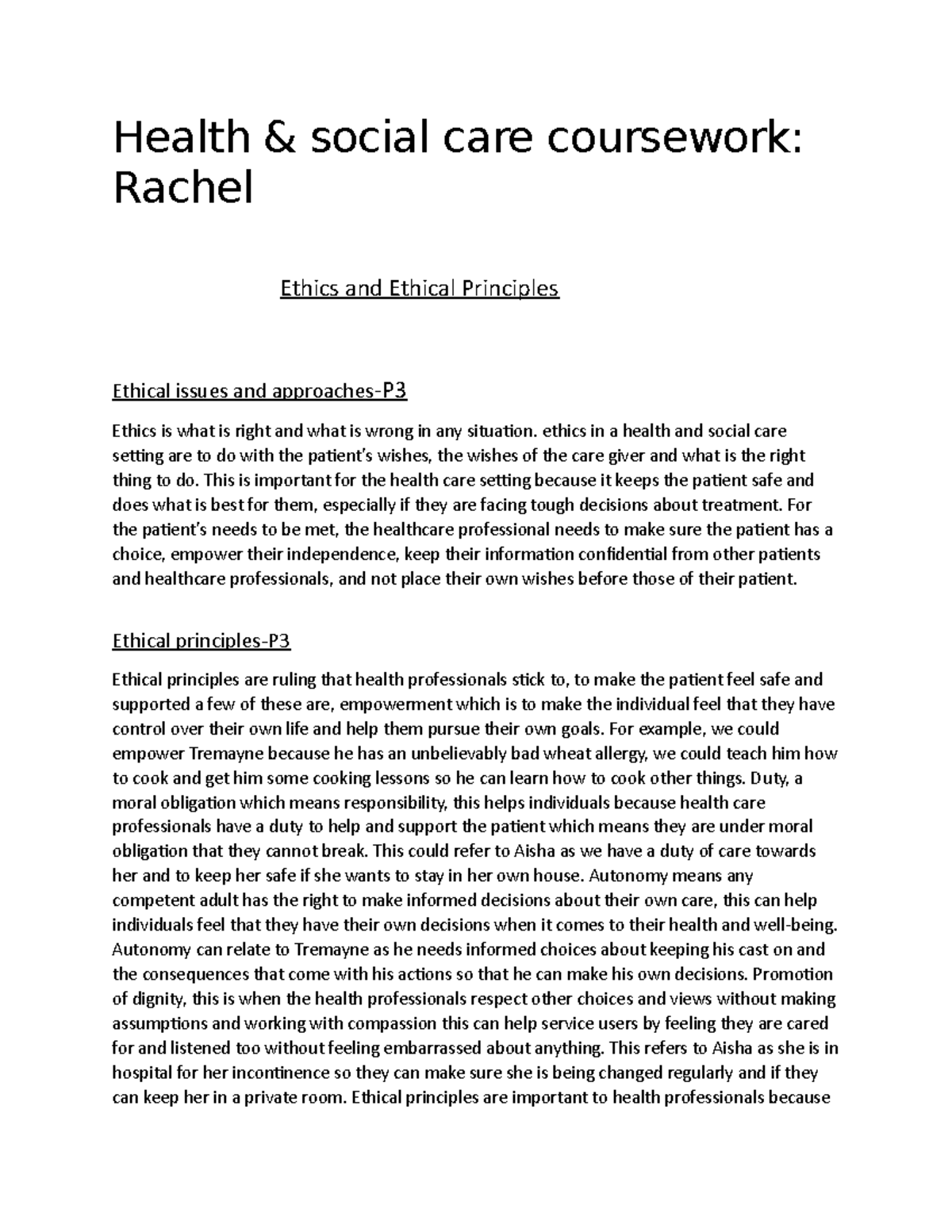 Healthcare (Rachel) - final assigmnent - Health & social care ...