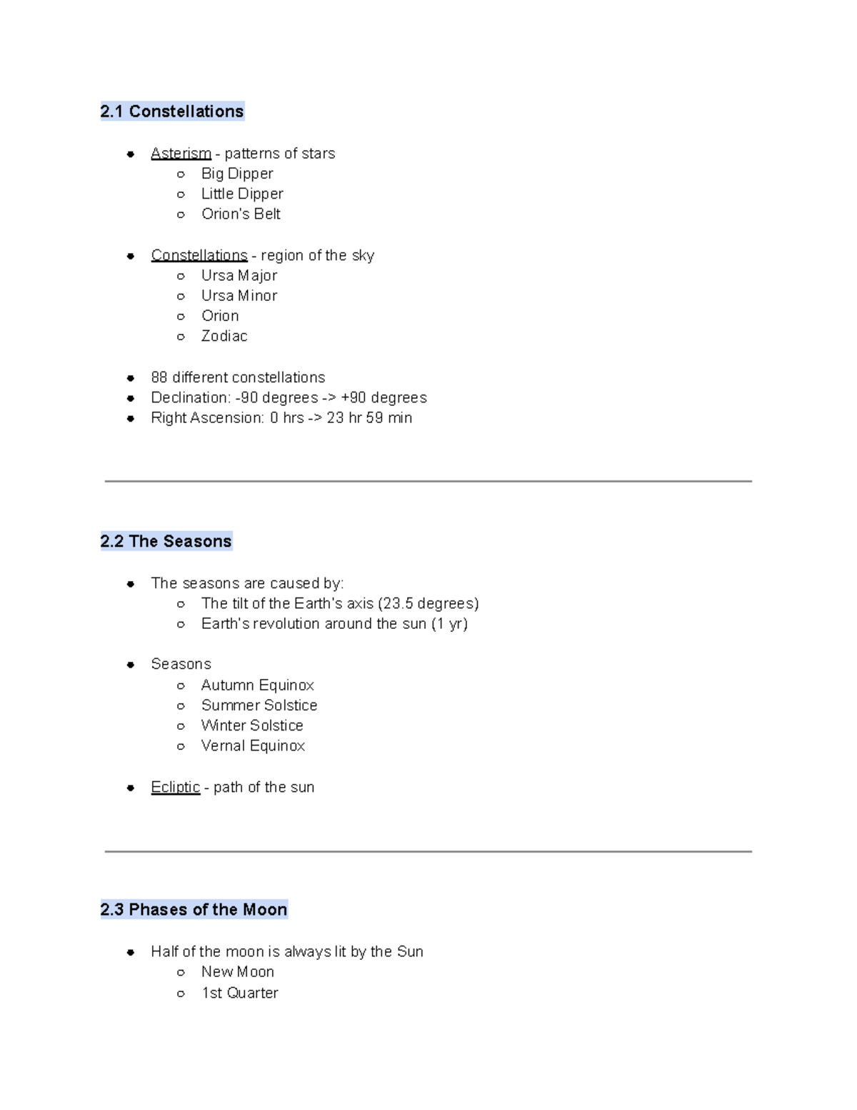 Chapter 2 Notes - 2 Constellations Asterism - patterns of stars Big ...