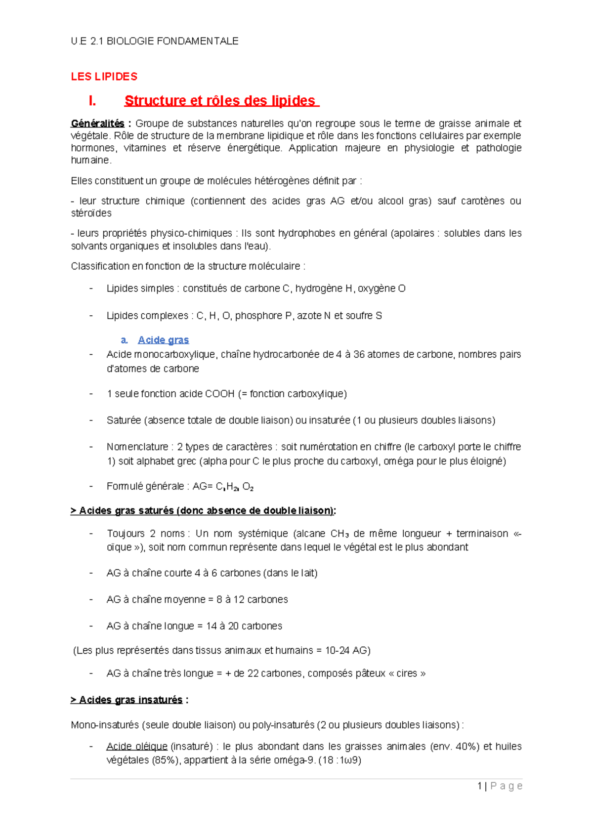U.E 2.1 Les lipides - IFSI Nord Marseille Cours perso - LES LIPIDES I. Structure et rôles des ...