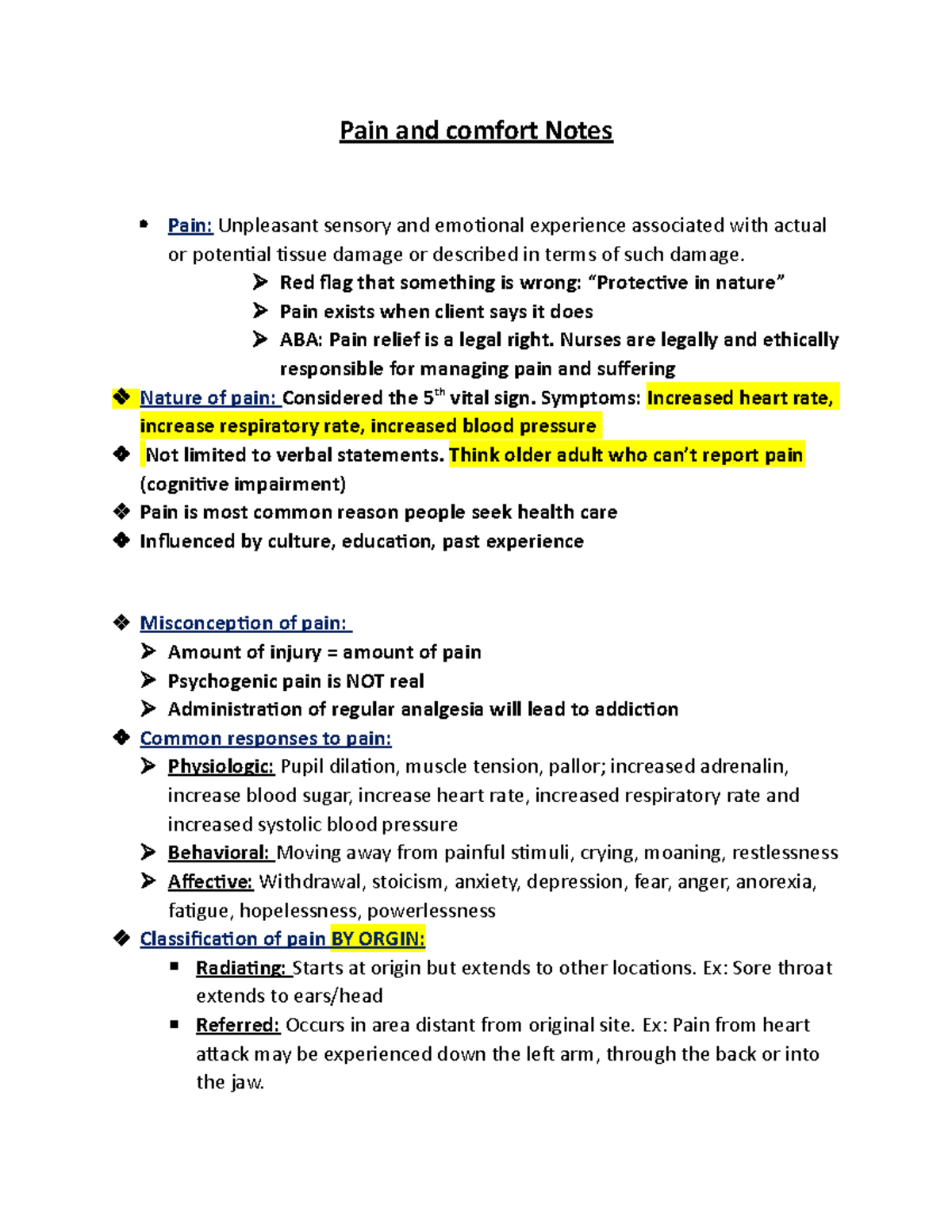 Pain and comfort notes - Richey - Pain and comfort Notes Pain ...