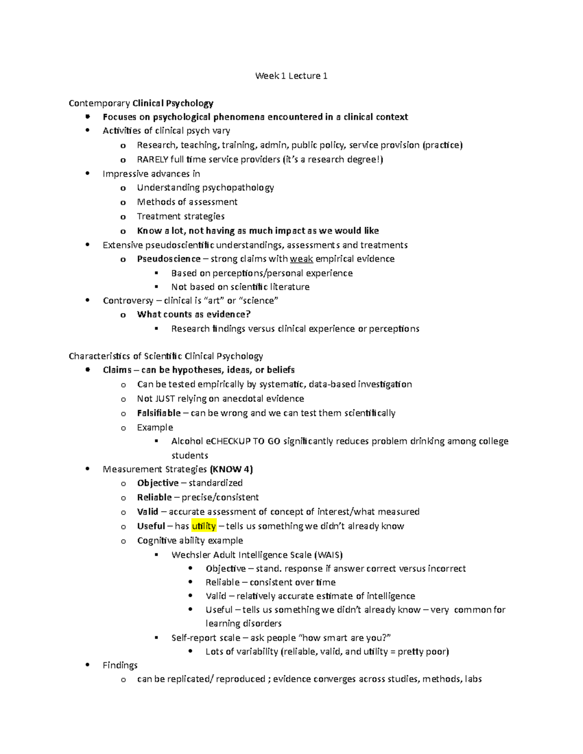 Clinical Psychology PART ONE (exam 1) - Week 1 Lecture 1 Contemporary ...
