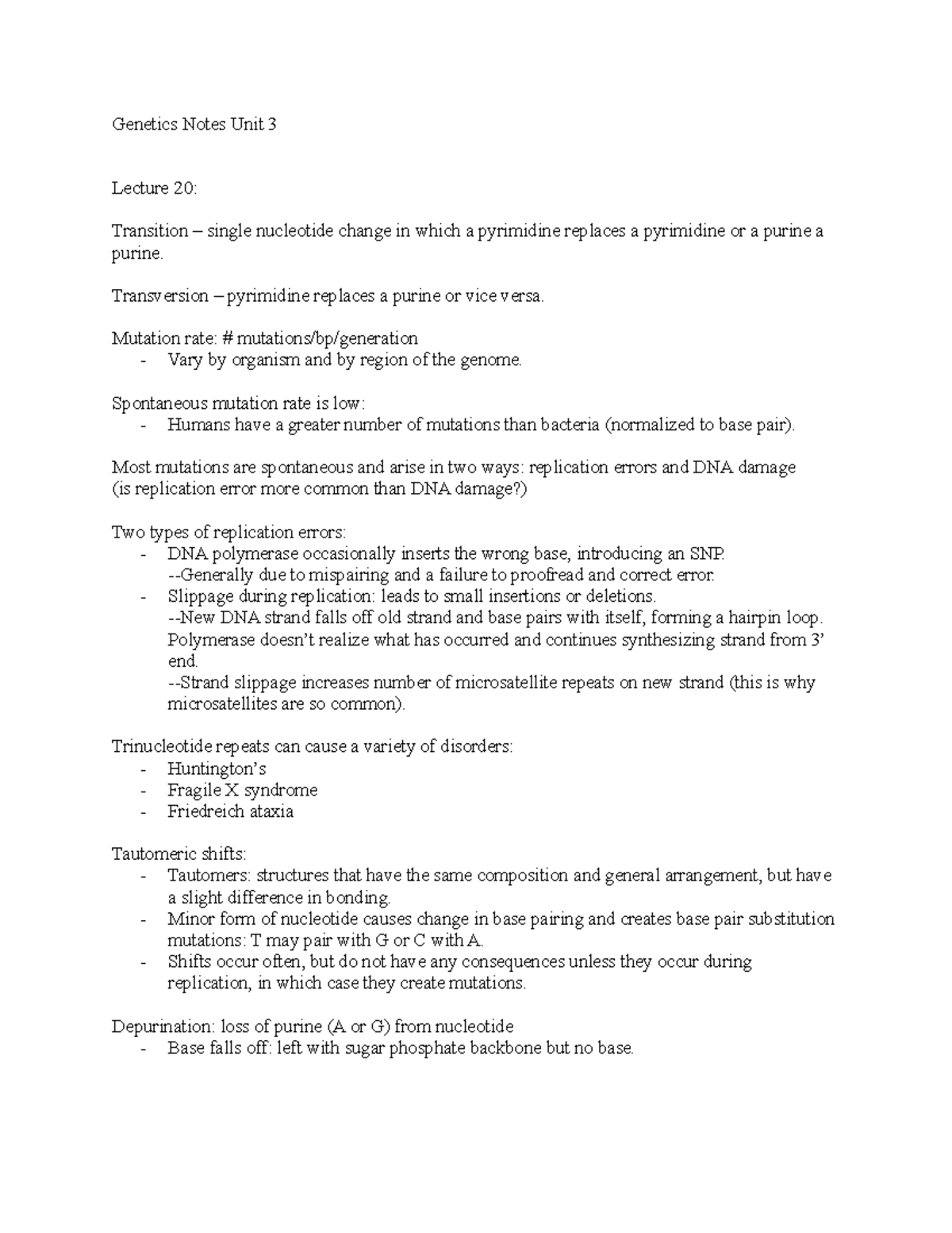 Bio 190 Unit 3 Notes - Genetics Notes Unit 3 Lecture 20: Transition ...