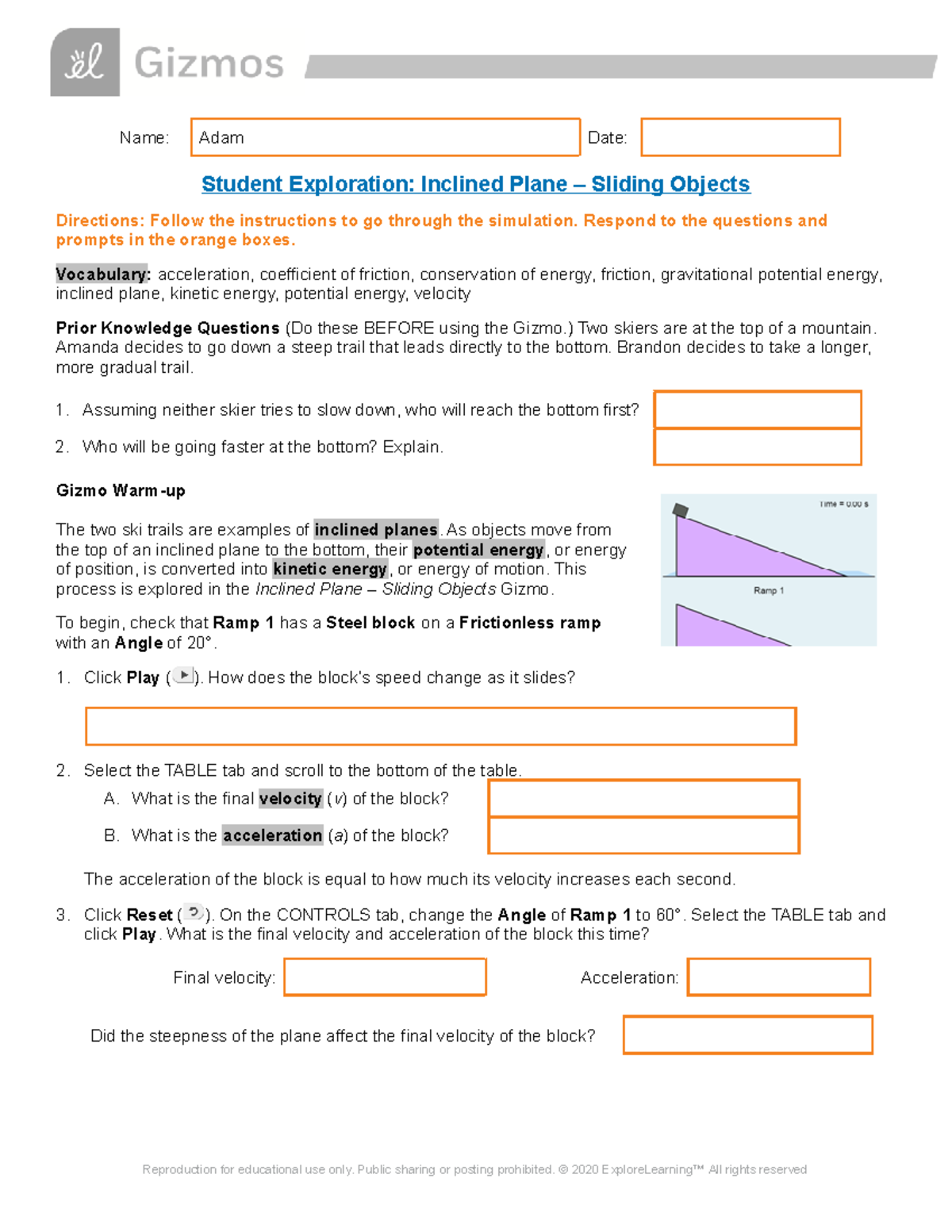 Inclined Plane Sliding - Name: Adam Date: Student Exploration: Inclined Plane – Sliding Objects ...