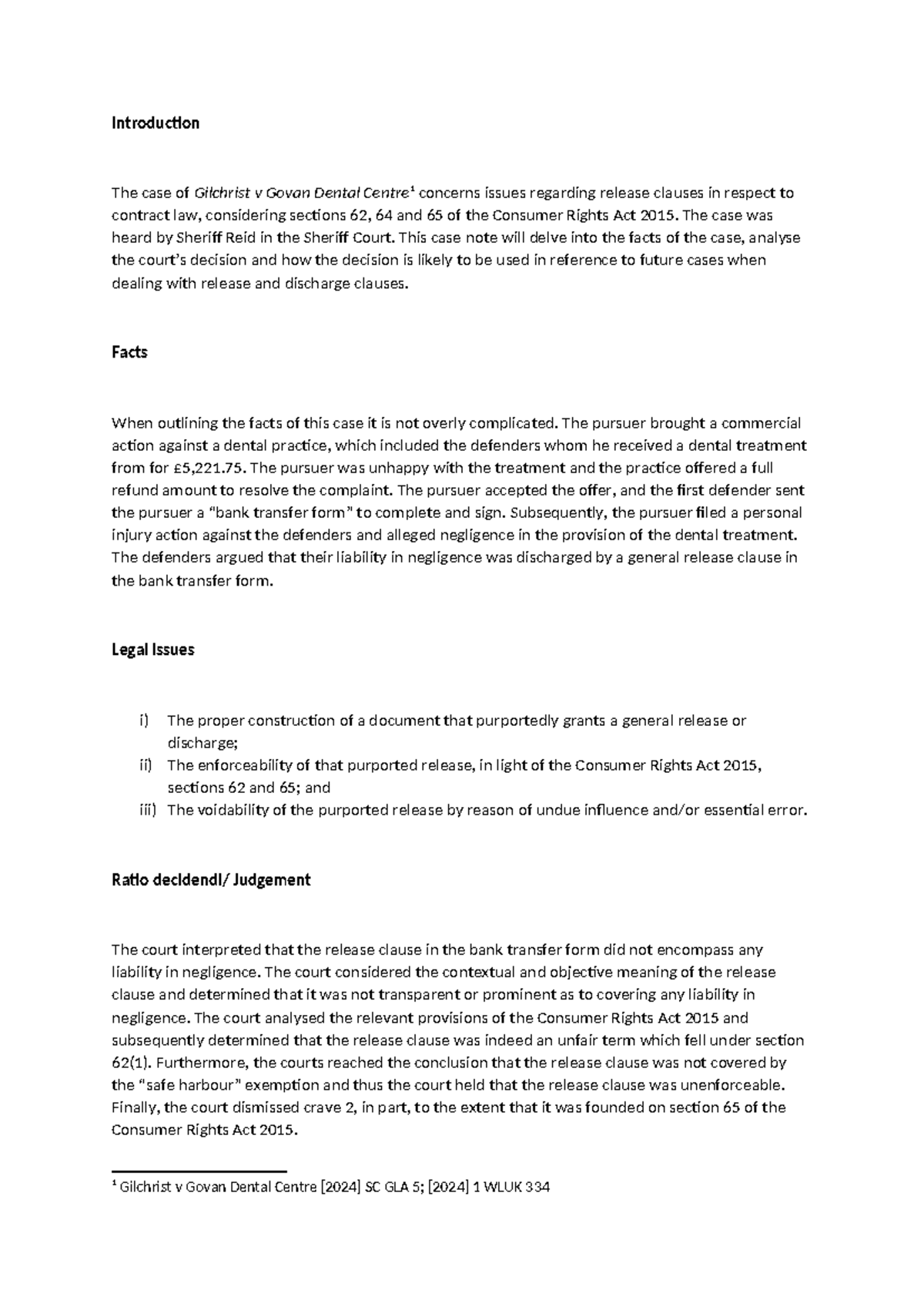 Contract Case Note - 14/22 - Introduction The case of Gilchrist v Govan ...