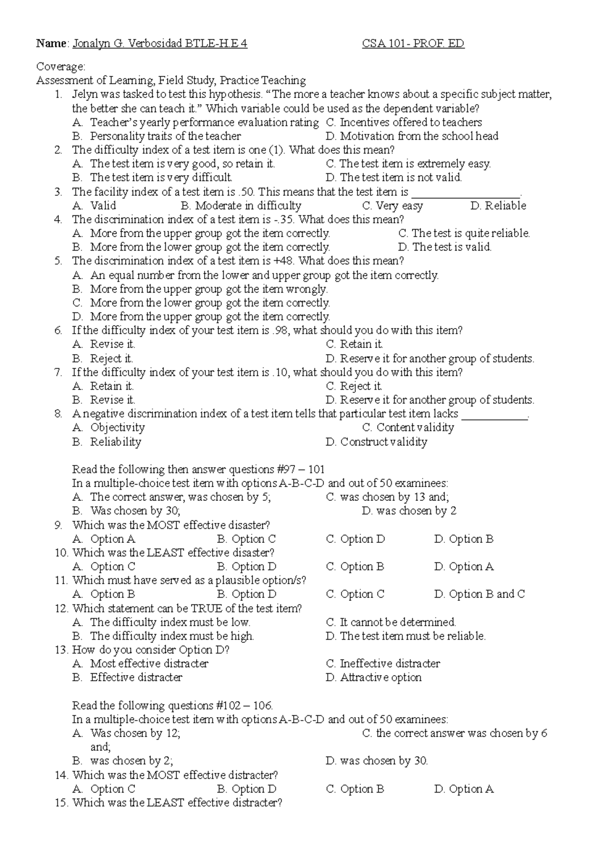 Practice-Test-5(CSA 101)-JV - Name: Jonalyn G. Verbosidad BTLE-H 4 CSA ...