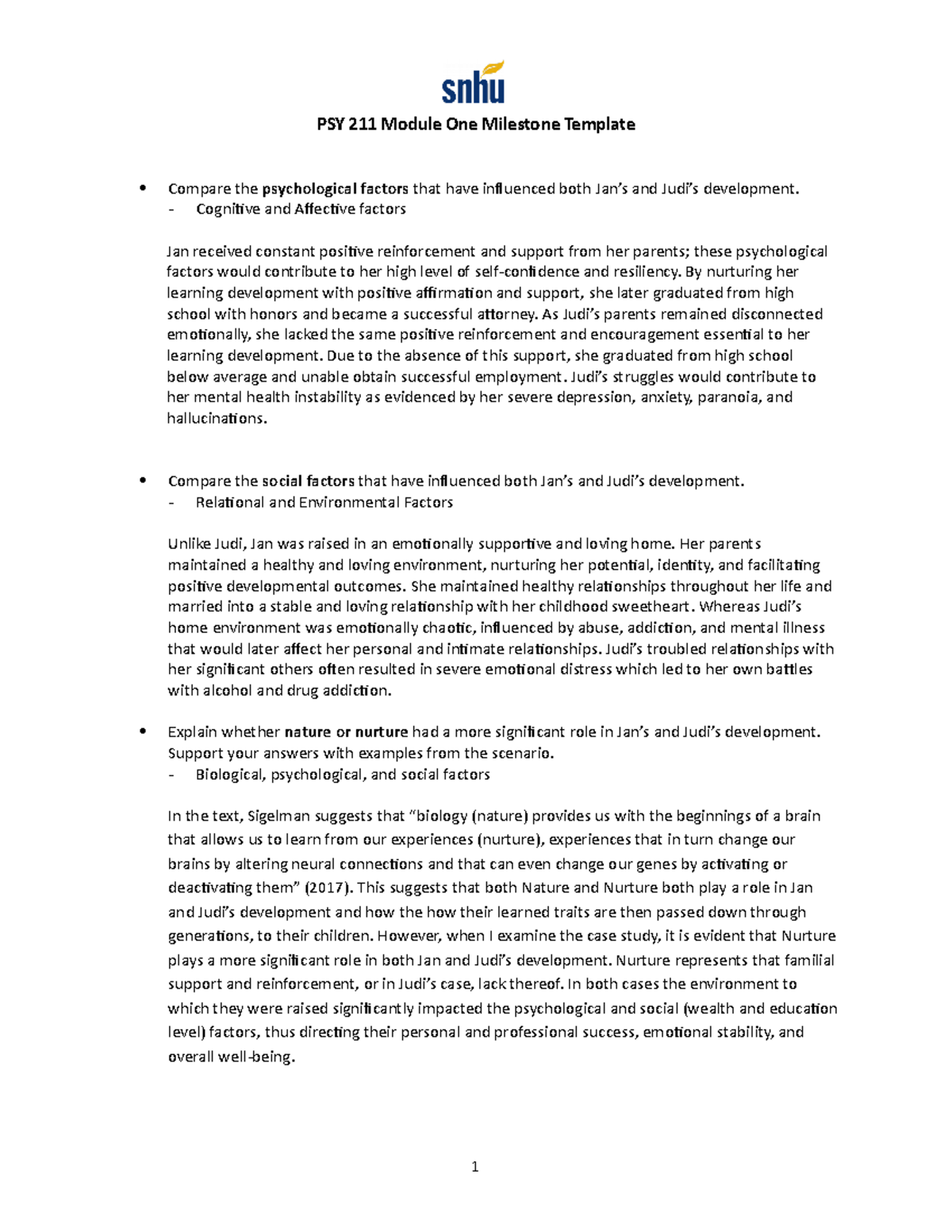 PSY 211 Module One Milestone Template - PSY 211 Module One Milestone ...