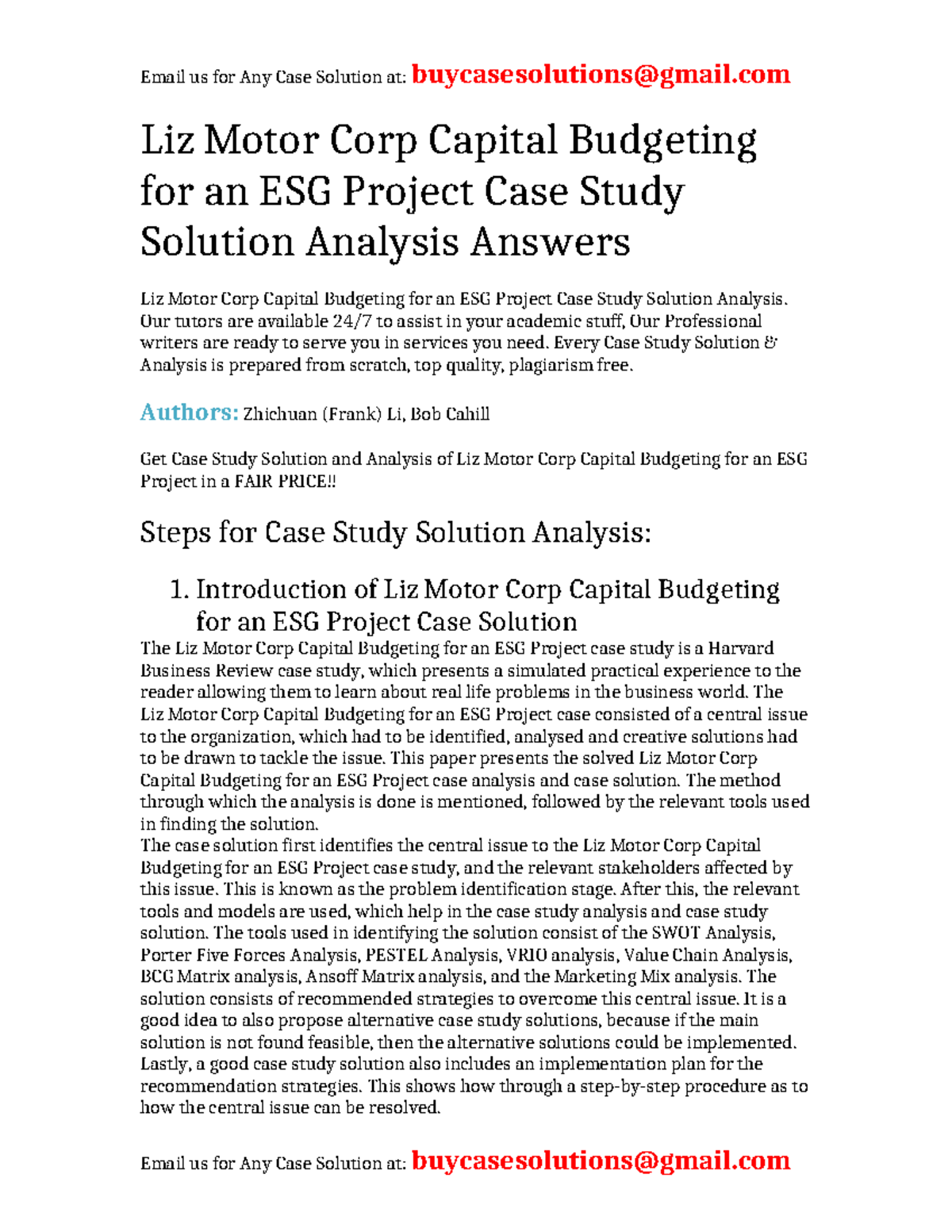 Case Solution Liz Motor Corp Capital Budgeting for an ESG Project - Liz Motor Corp Capital ...