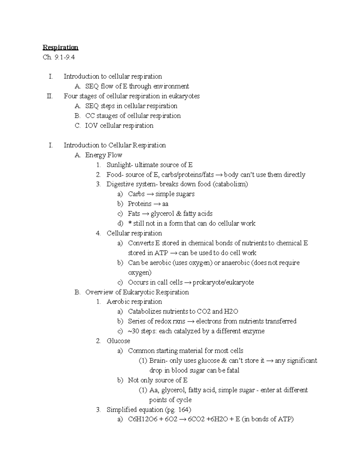 gen bio 1 Lecture 9 - Respiration Ch. 9-9. I. Introduction to cellular ...