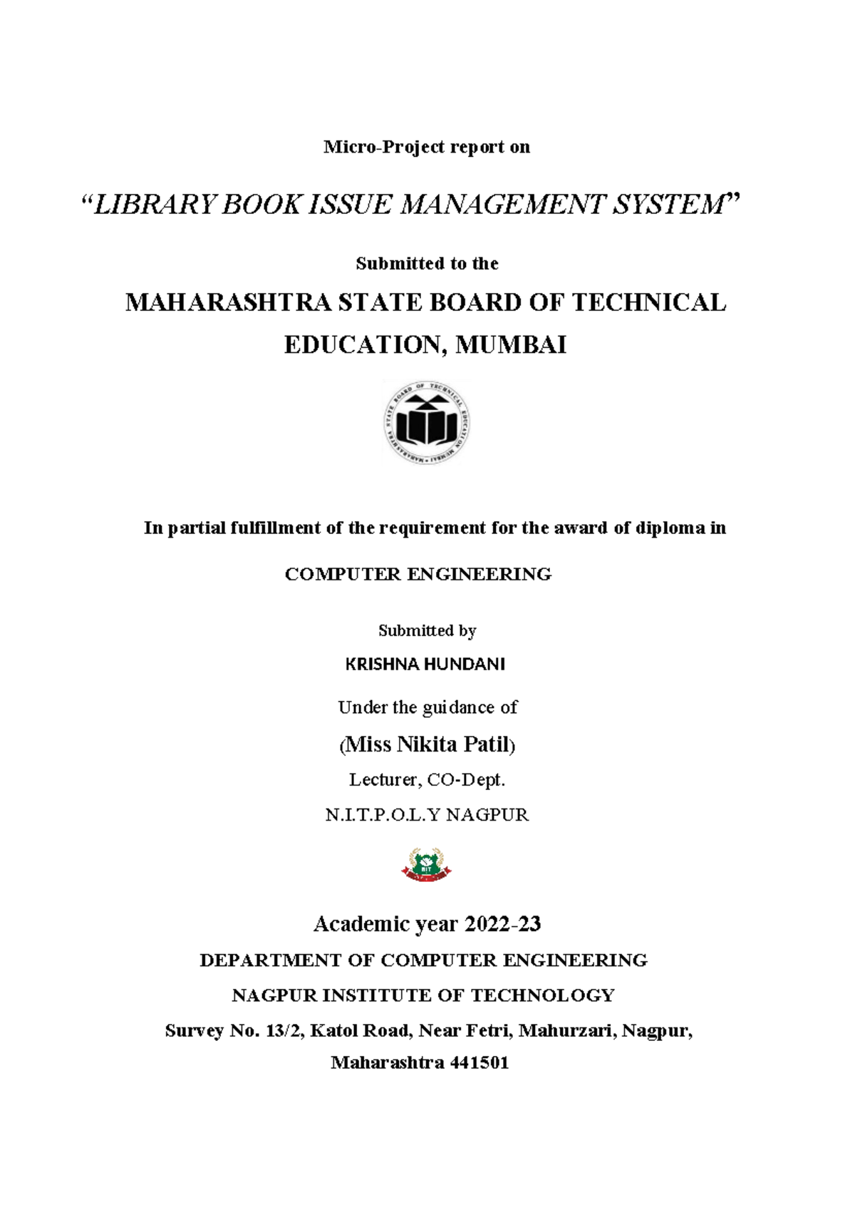 DOC-20230503-WA0010 - microproject - ####### Micro-Project report on “LIBRARY BOOK ISSUE ...