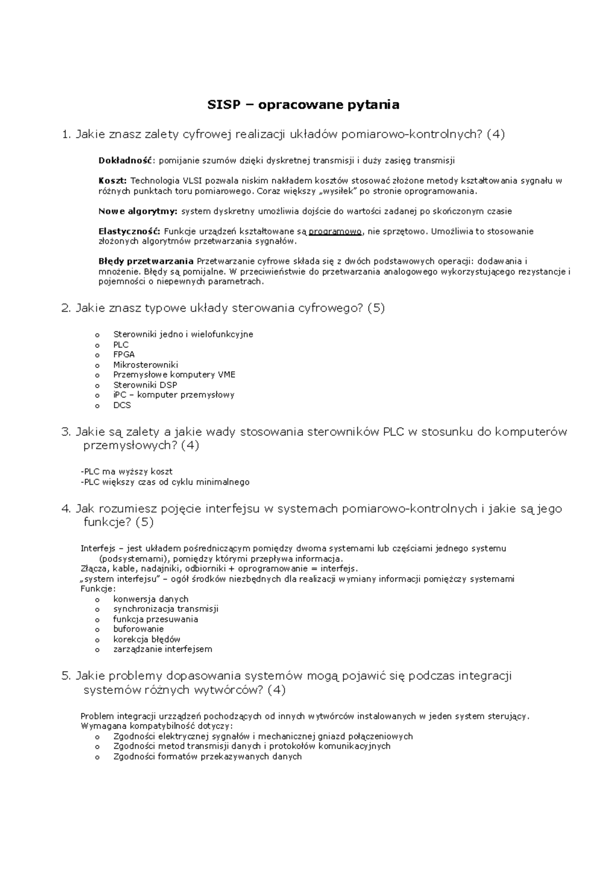 Sisp Opracowane As Sisp Sisp Opracowane Pytania 1 Jakie Znasz Zalety Cyfrowej Realizacji